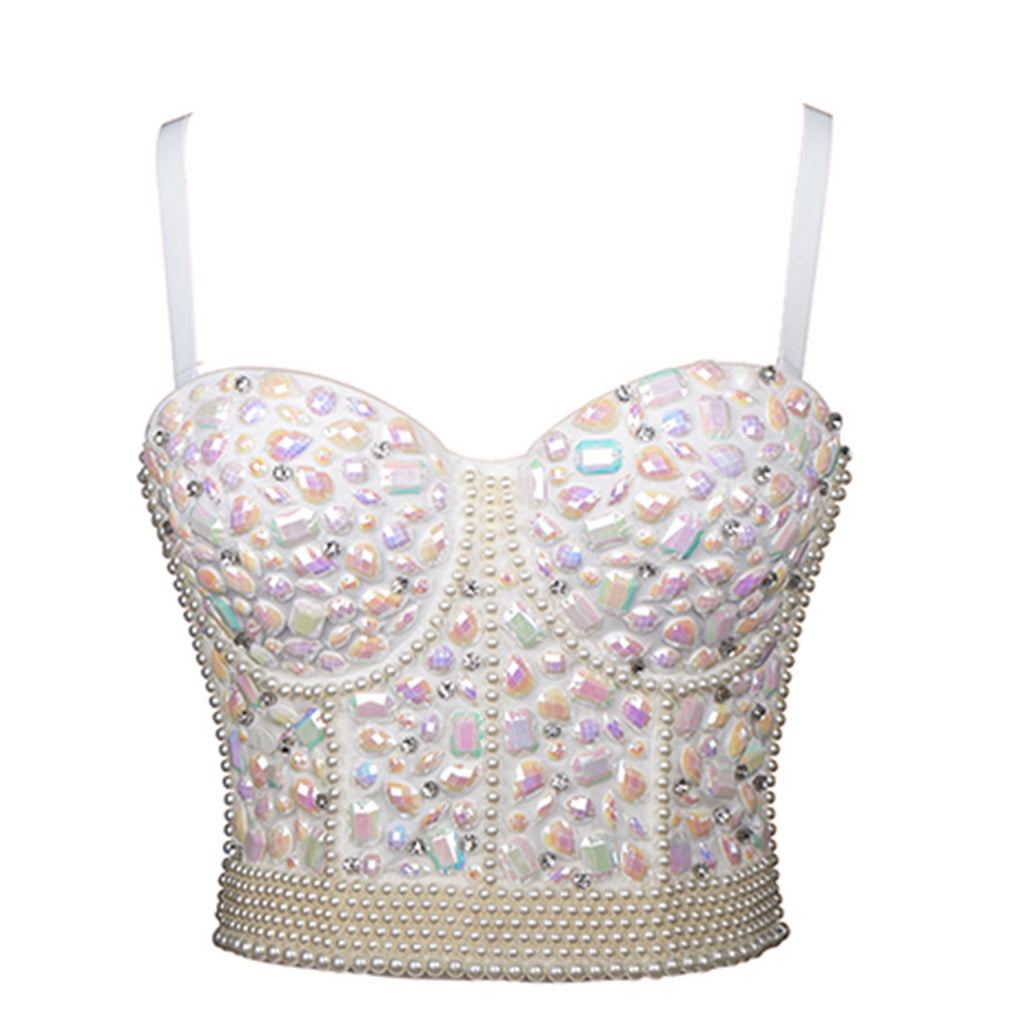 Colorful Rhinestone Bra Bustier Pearl Beaded Underwire Camisole ...