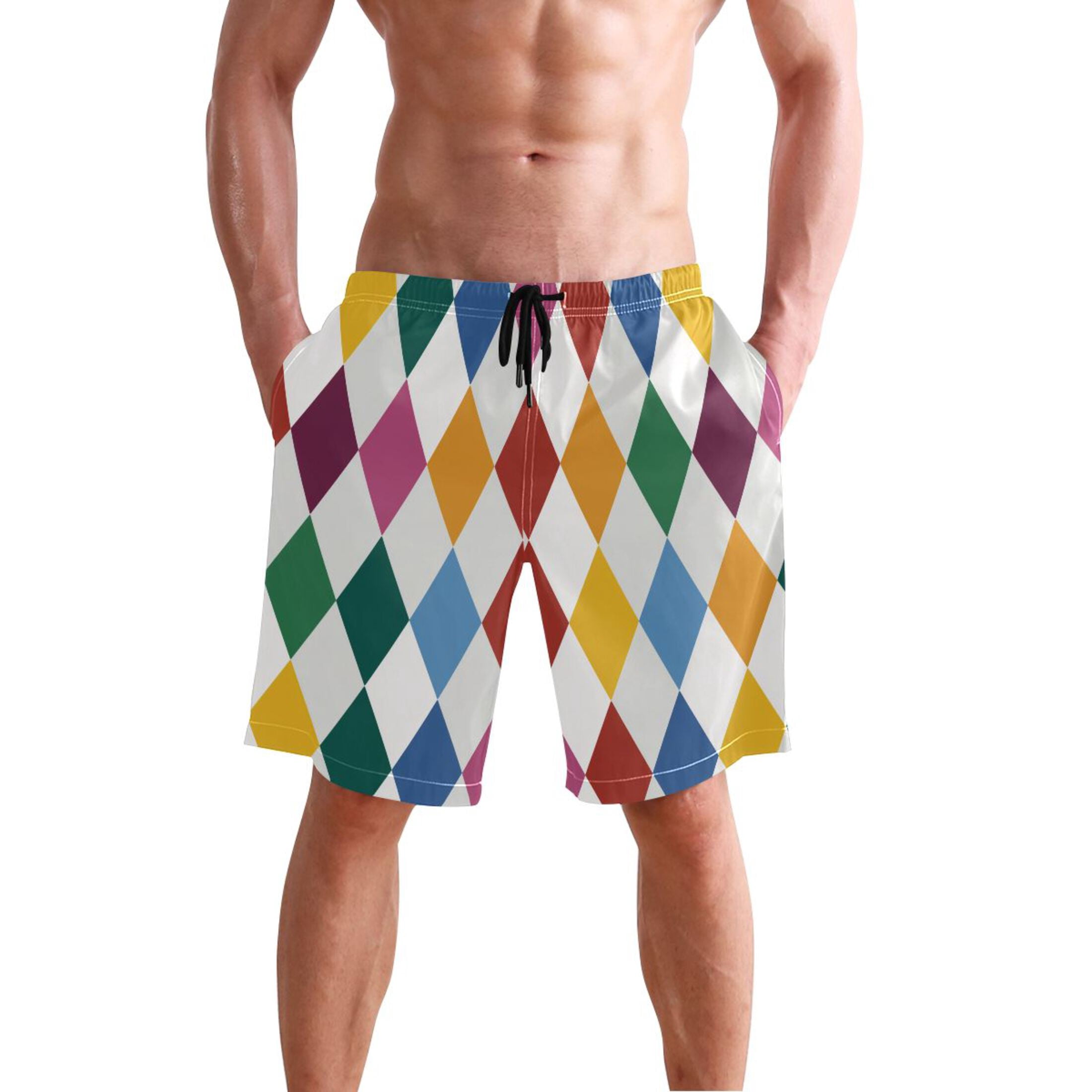 Colorful Rhombus Pattern on White Background Men's Swim Trunks Beach ...
