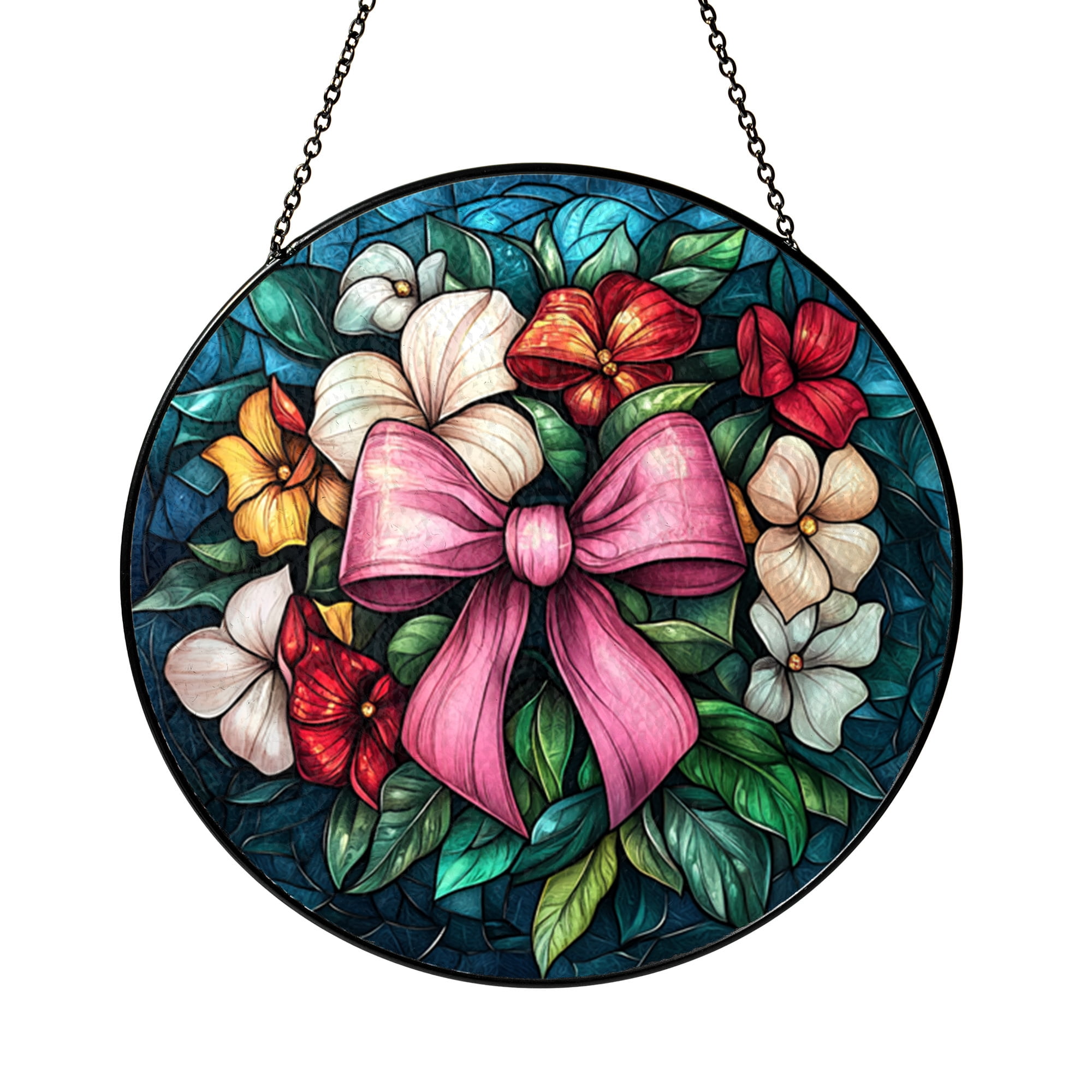 Colorful Ribbon Bow Stained Glass Panel, Red Pink and White Shades ...