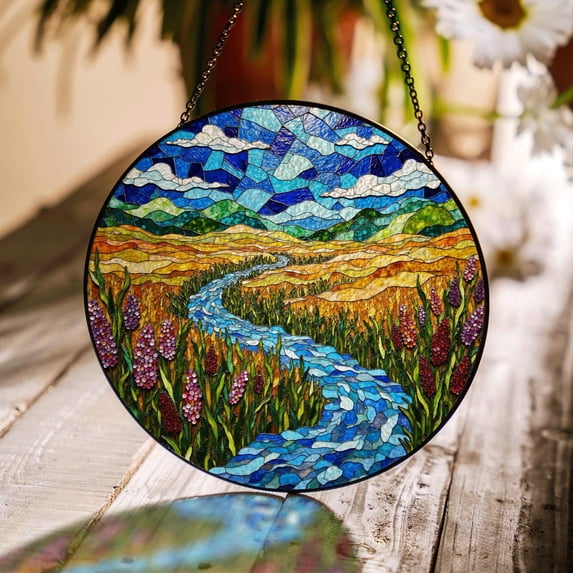 Colorful River Field Landscape Glass Suncatcher, Vibrant Art, Nature ...