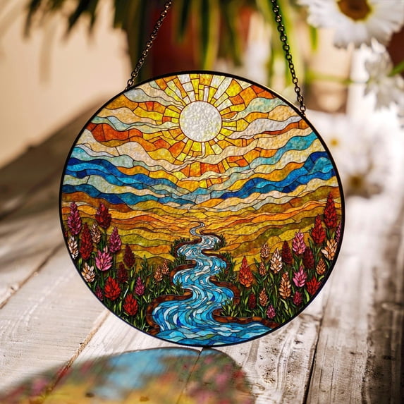 Colorful River Valley Glass Suncatcher v5, Landscape Window Art, Nature ...