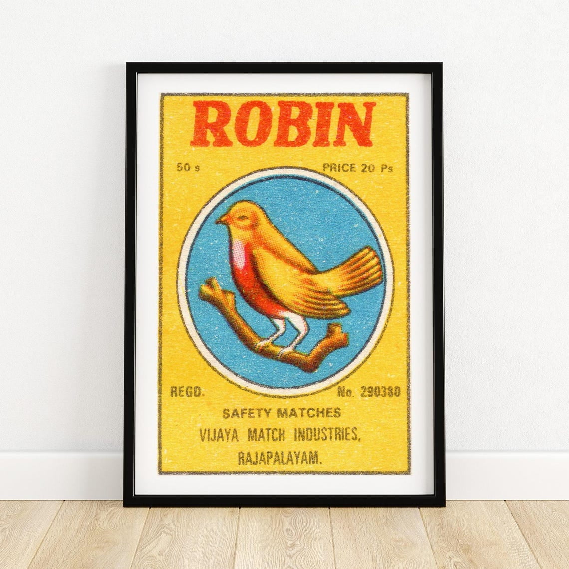 Colorful Robin Matchbox Art Print Vintage Bird Illustration Mid-Century ...