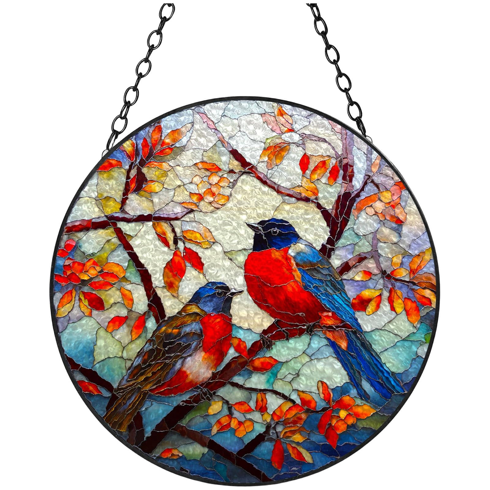Colorful Robins Bird on Branch Stained Glass Suncatcher Handmade Window ...