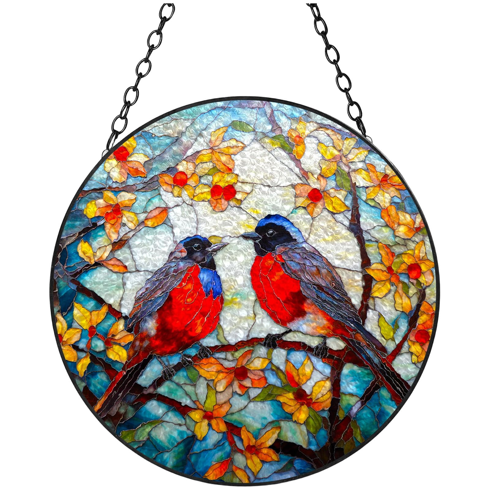 Colorful Robins Bird on Branch Stained Glass Suncatcher Handmade Window ...