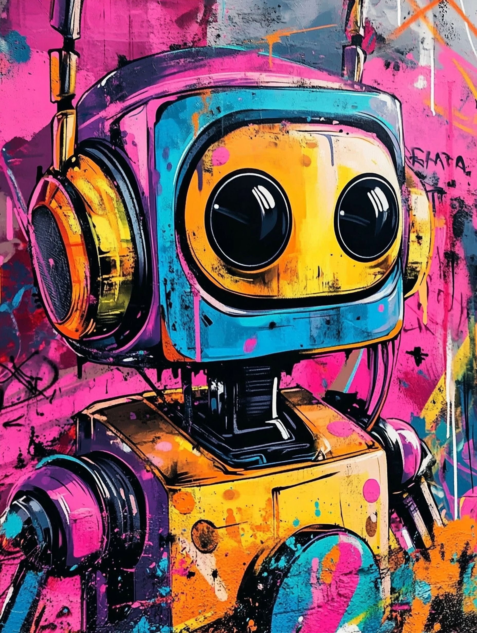 Colorful Robot Graffiti Canvas Art Print Suitable for Living Room ...