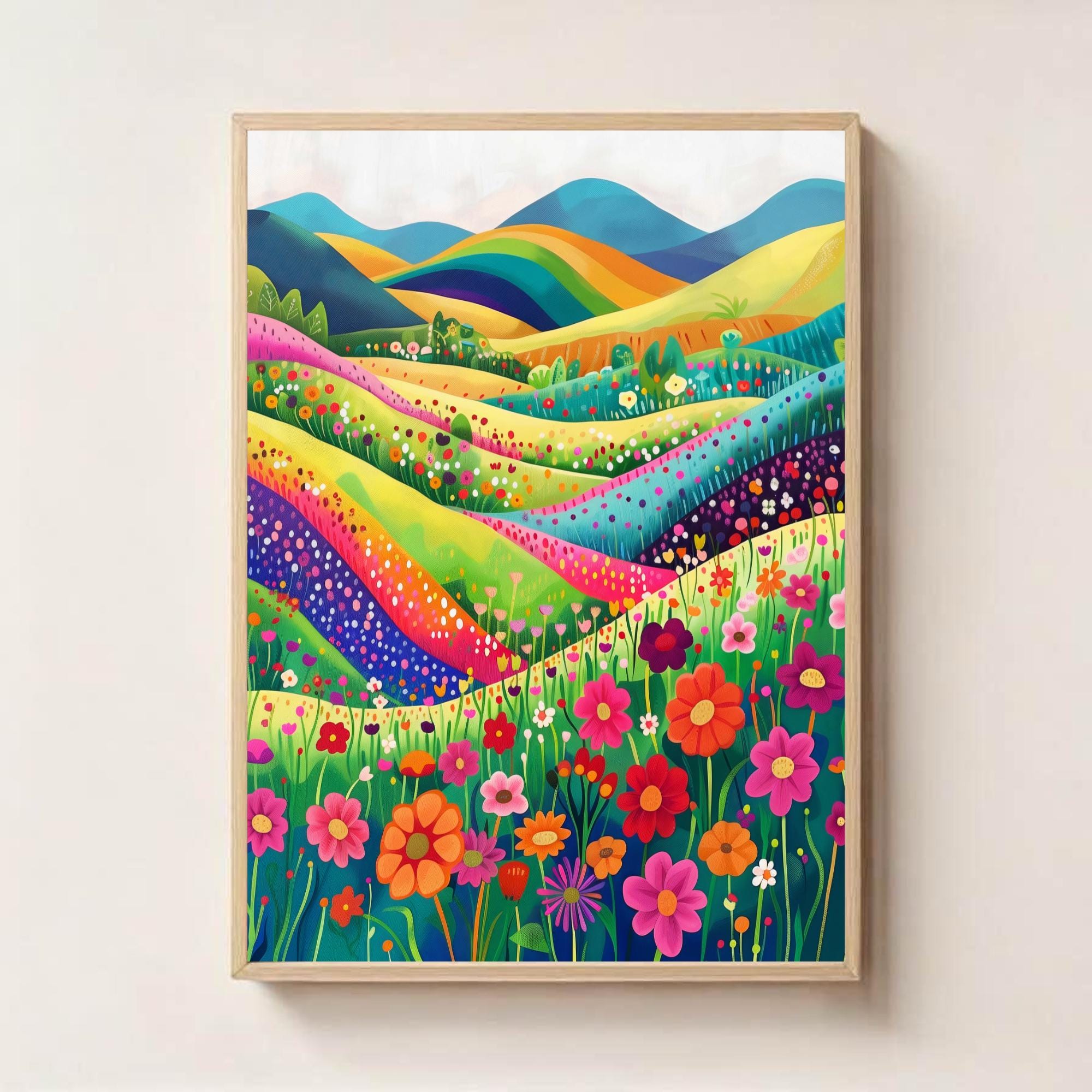 Colorful Rolling Hills And Flowers Art – Vibrant Landscape , Whimsical ...