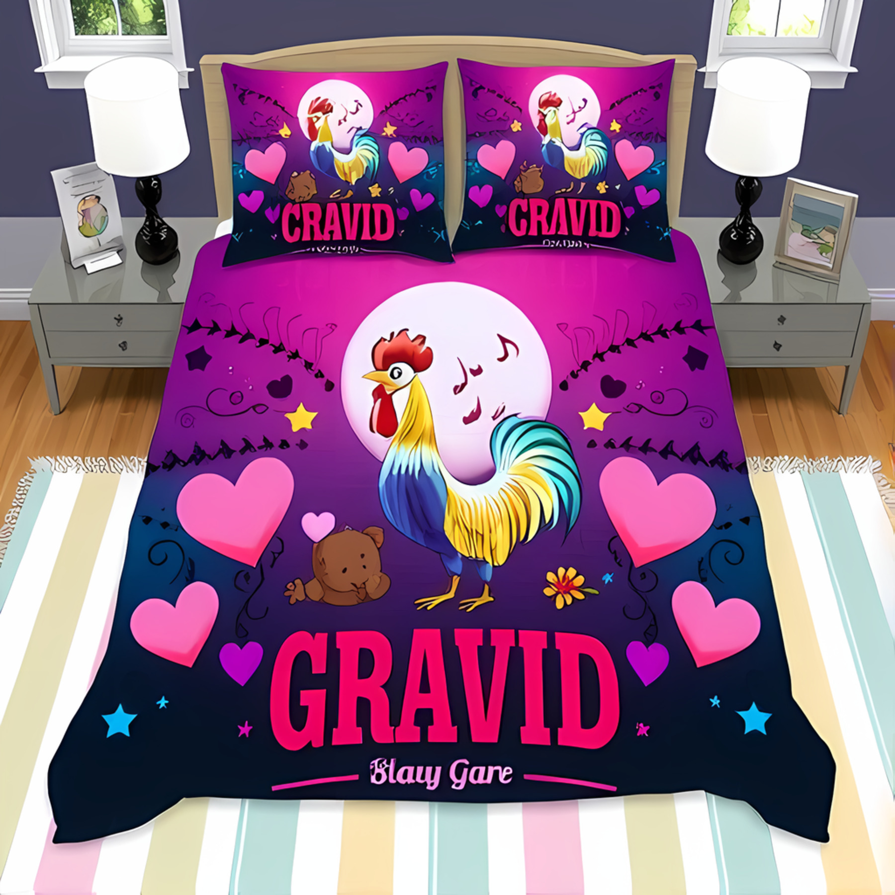 Colorful Rooster 3-Piece Duvet Cover Set with Hearts Stars & Musical ...