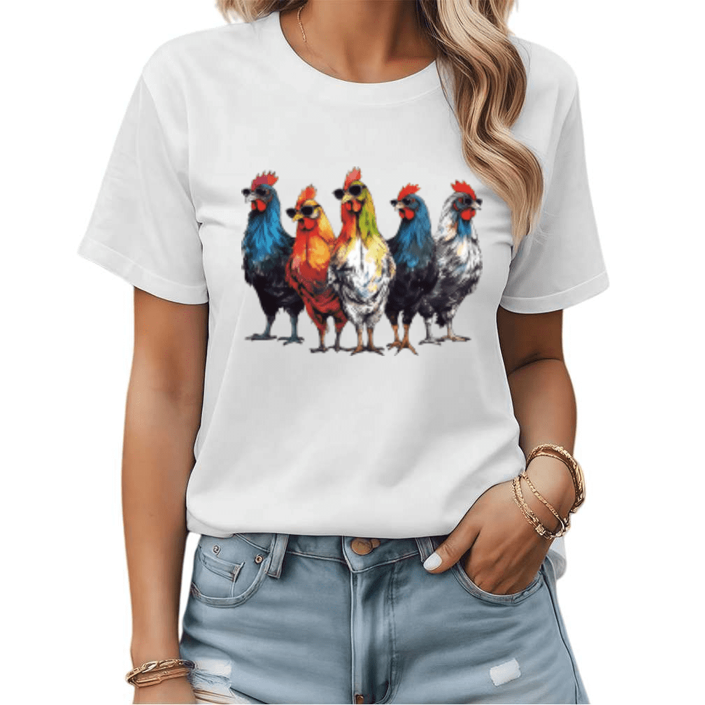 Colorful Rooster Chicken Graphic Tees Womans T-shirt Black/White S-5XL ...
