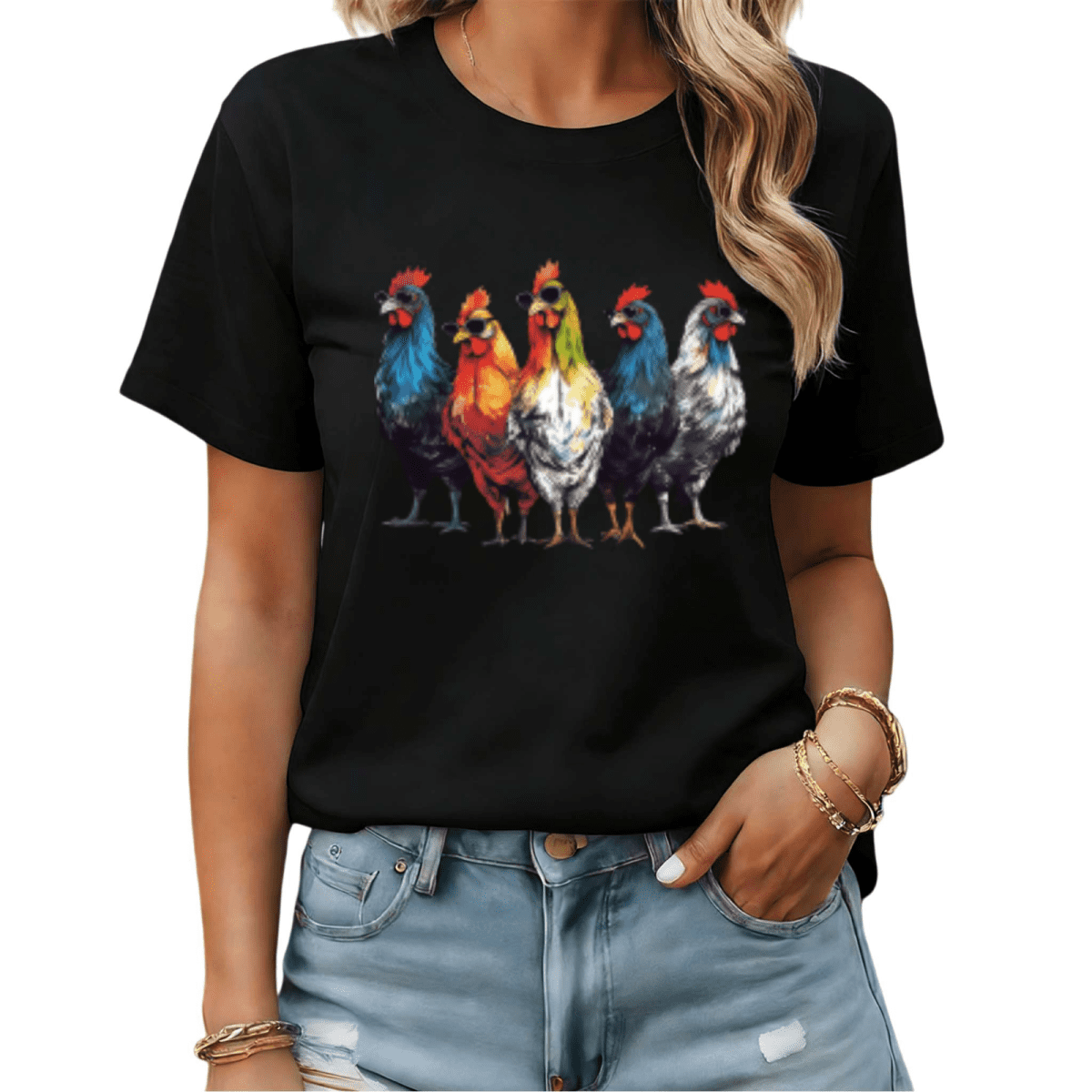 Colorful Rooster Chicken Graphic Tees Womans T-shirt Black/White S-5XL ...