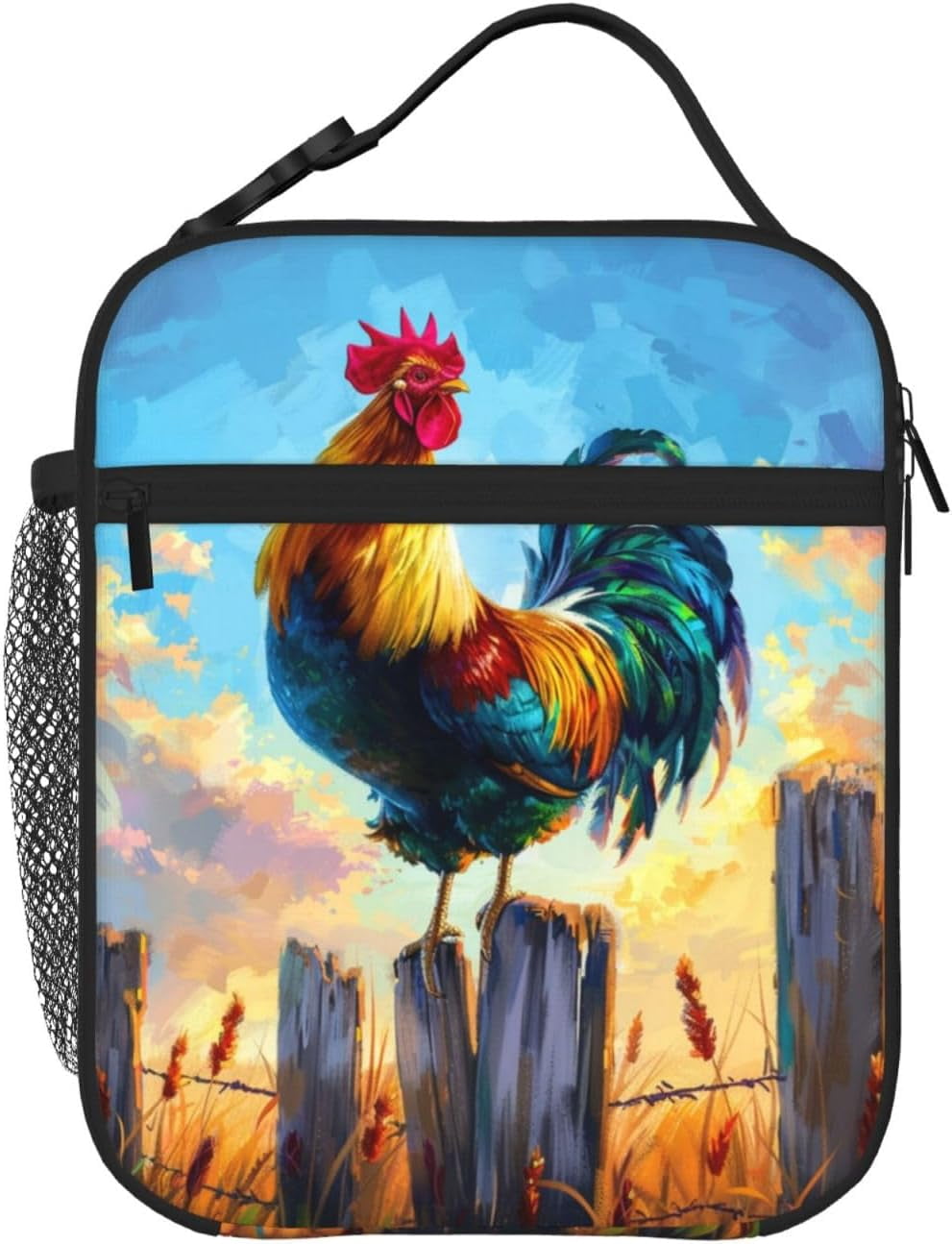 Colorful Rooster Crowing Wooden Fence Lunch Box Insulated For Women Men ...