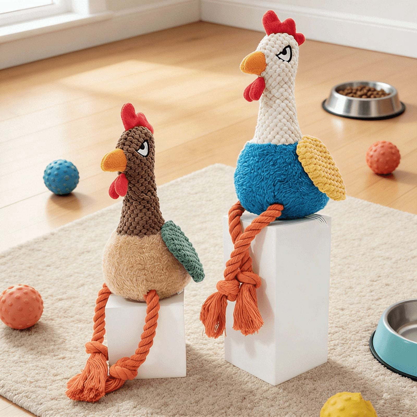 Colorful Rooster Dog Toy with Sound & Rope Legs, Interactive Tug Play ...
