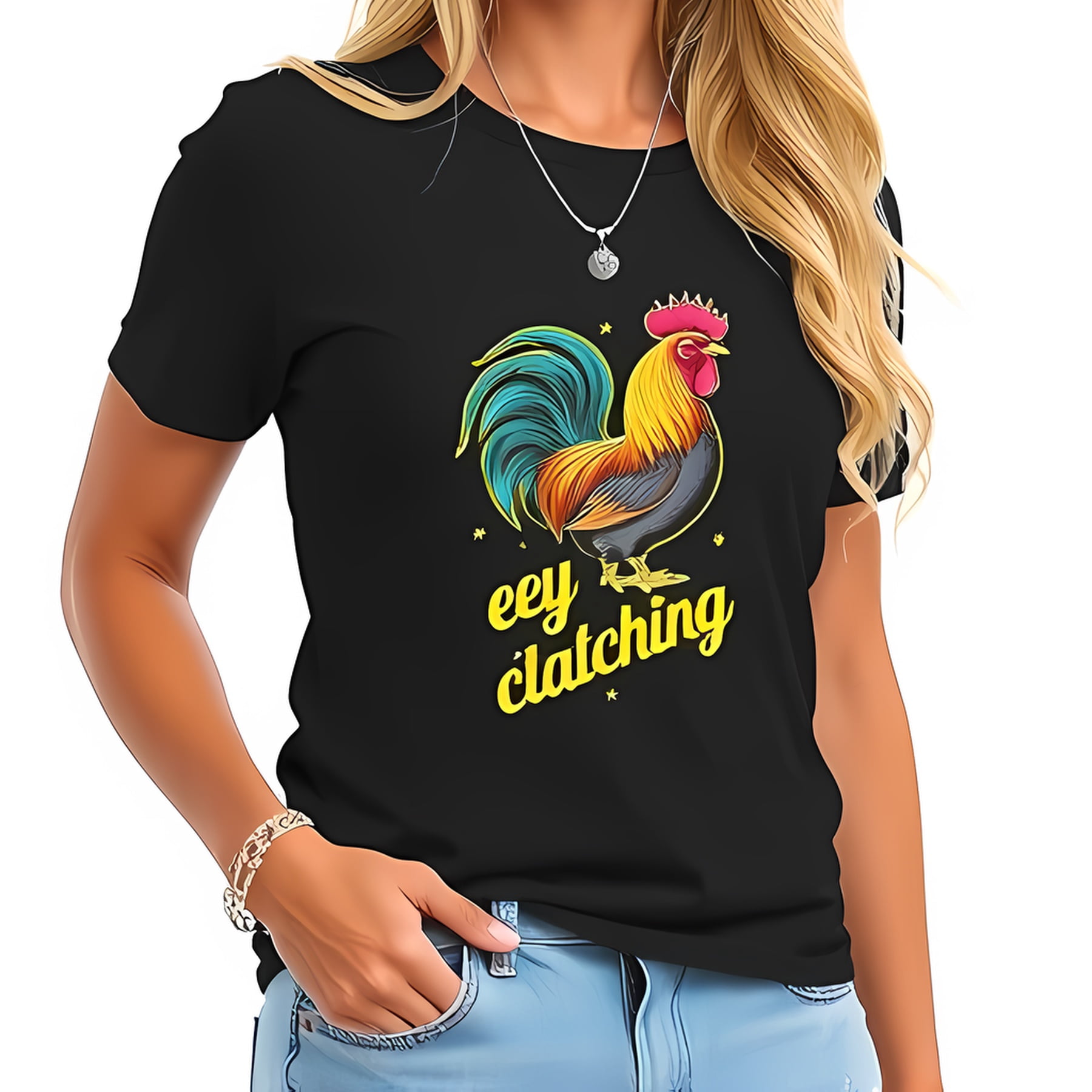Colorful Rooster Graphic T-Shirt for Women - Funny "Eey Clutching ...