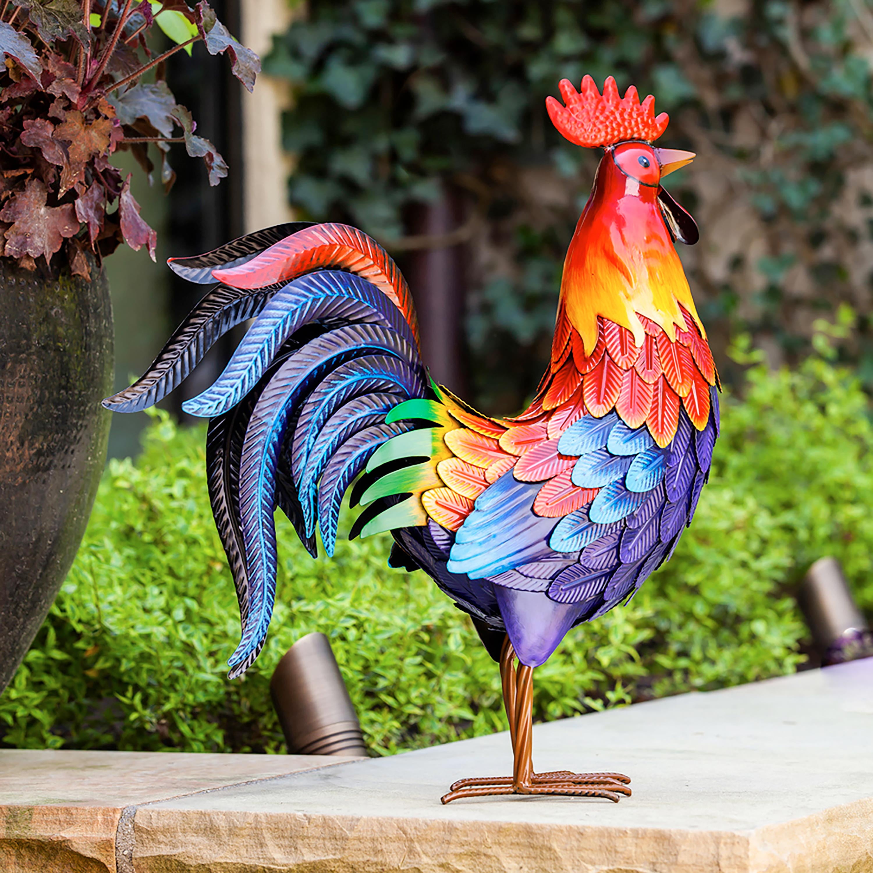 Evergreen Colorful Rooster Metal Garden Statuary ‚Äì Yard Art Chicken ...