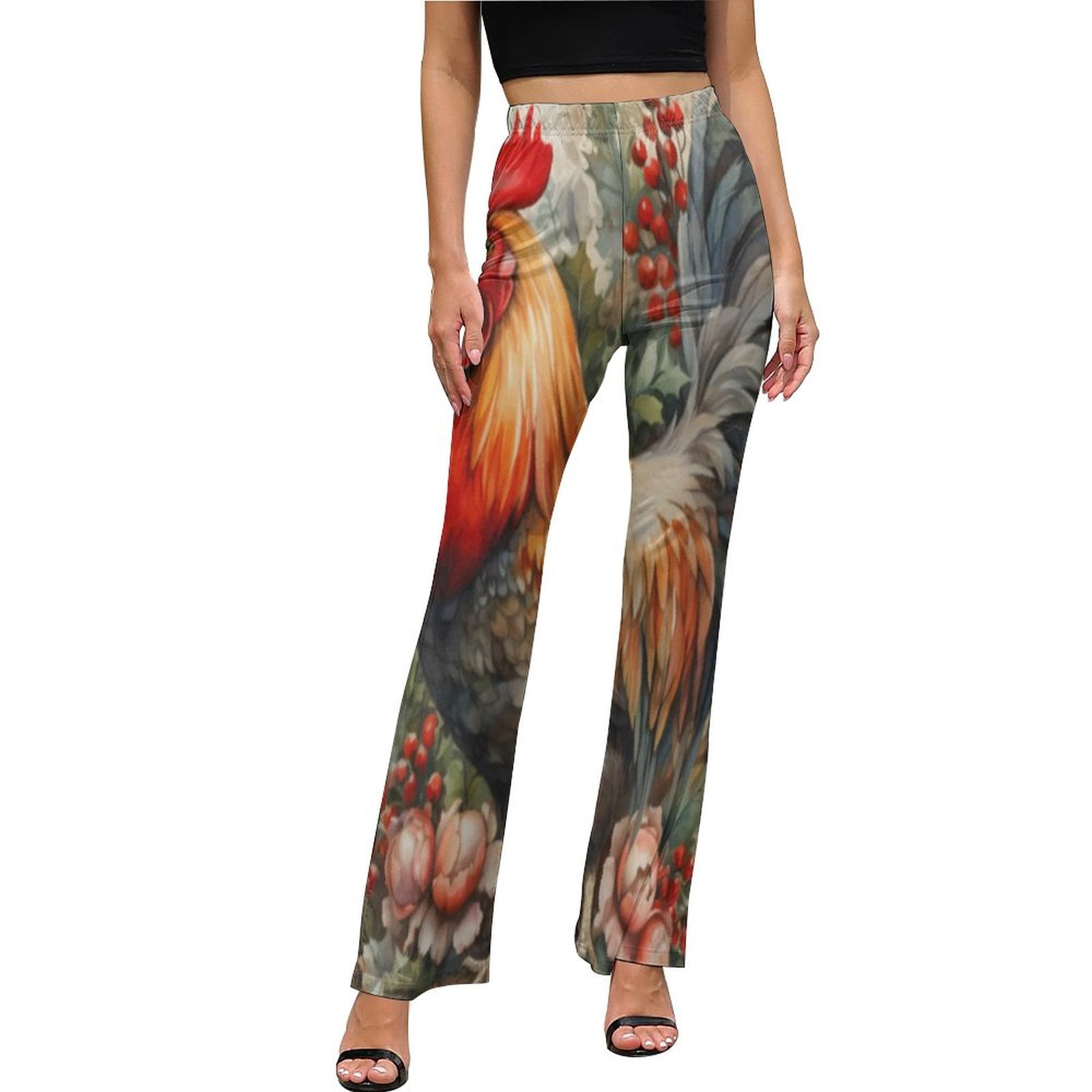 Colorful Rooster Print High Waisted Casual Flared Trousers Summer Home ...