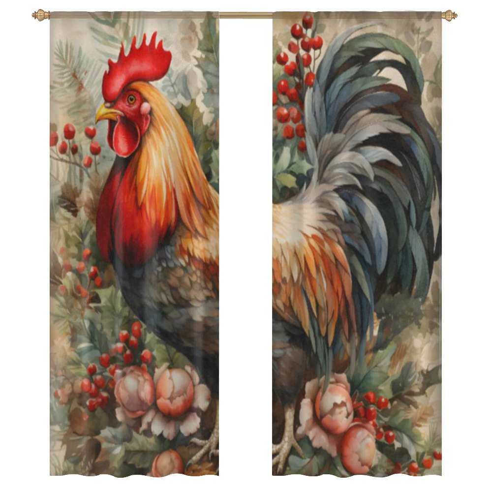 Colorful Rooster Print Tulle Curtains For Living Room Chiffon Sheer ...