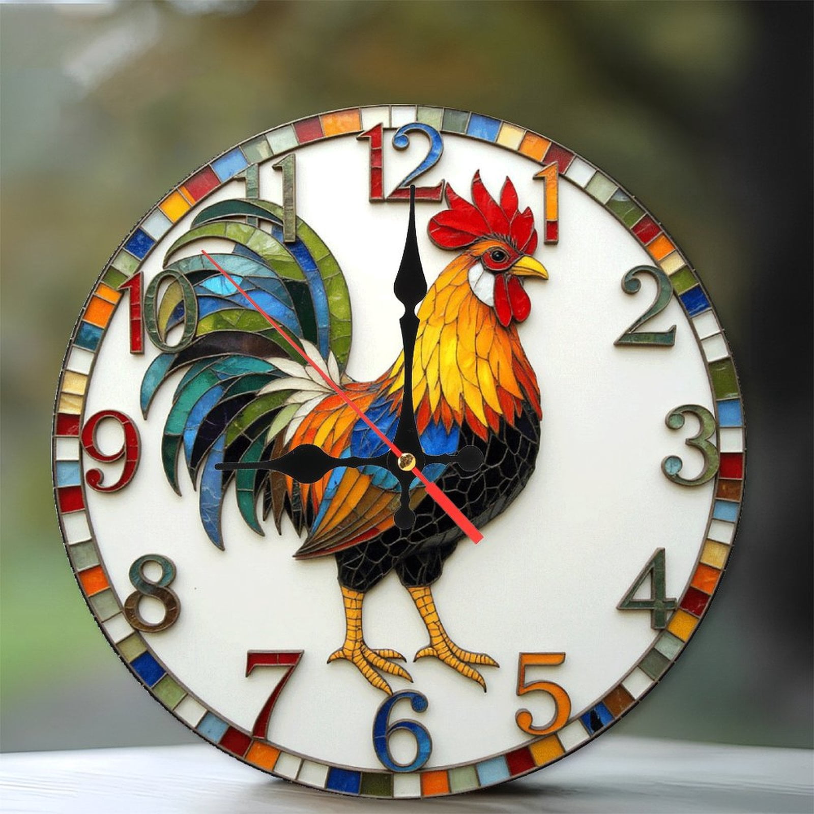 Colorful Rooster Stained Glass Wall Clock Decor 10-Inch Silent Wooden ...