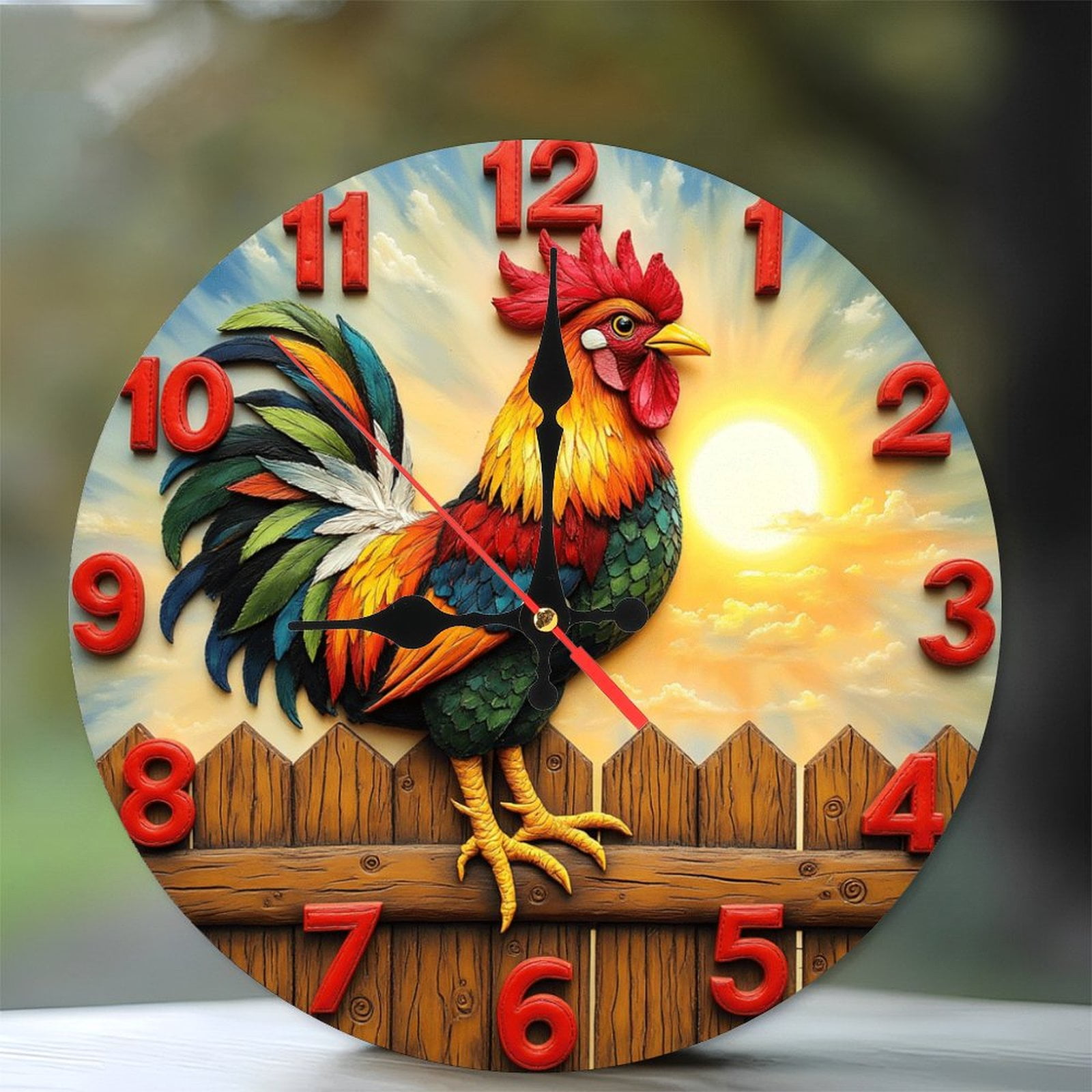 Colorful Rooster Sunrise Farm Wall Clock 10-Inch Silent Wooden Wall ...