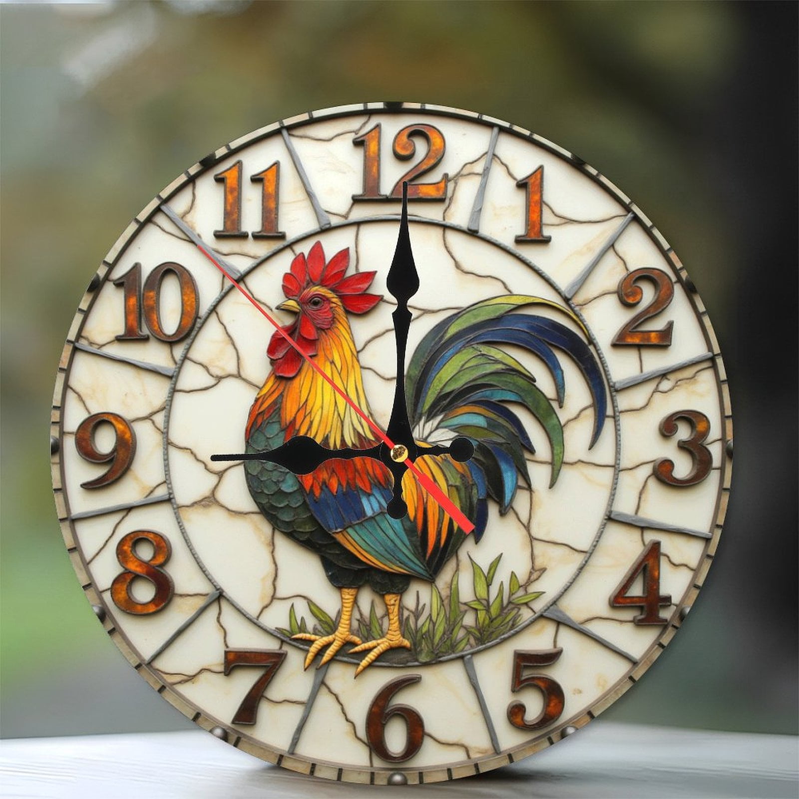 Colorful Rooster Wall Clock with Art Design 10-Inch Silent Wooden Wall ...