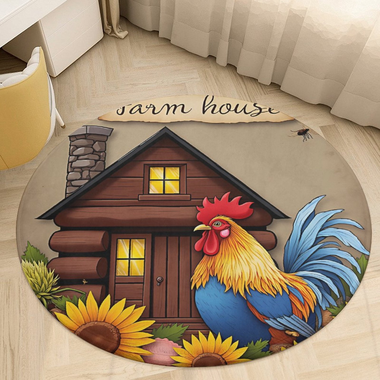 Colorful Rooster in Rustic Wooden House Round Area Rugs for Bedroom ...