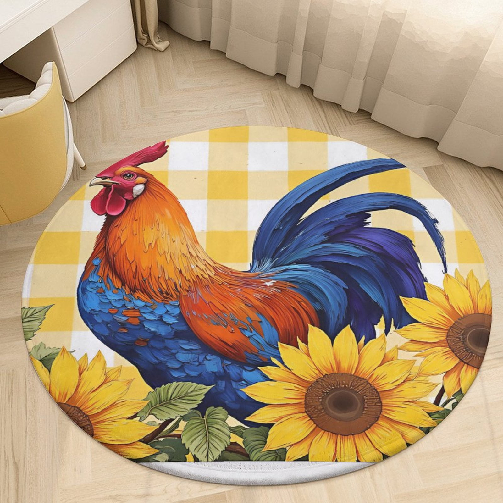 Colorful Rooster in Rustic Wooden House Round Area Rugs for Bedroom ...