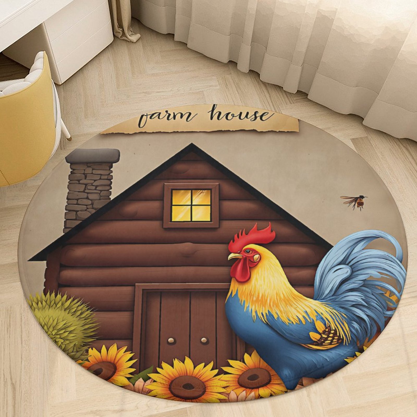 Colorful Rooster in Rustic Wooden House Round Area Rugs for Bedroom ...