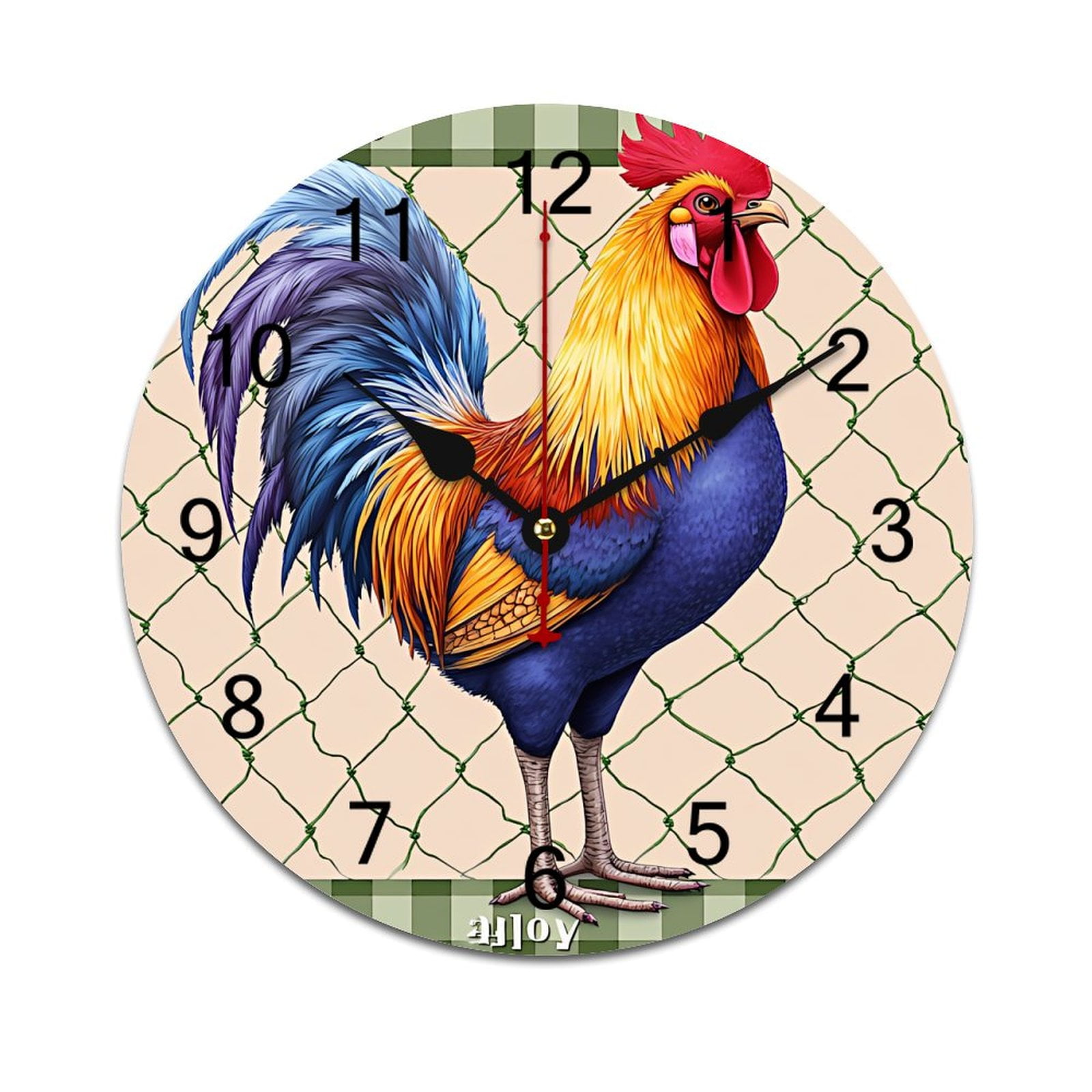 Colorful Rooster in Rustic Wooden House Word Saying Big Wall Clock Home ...