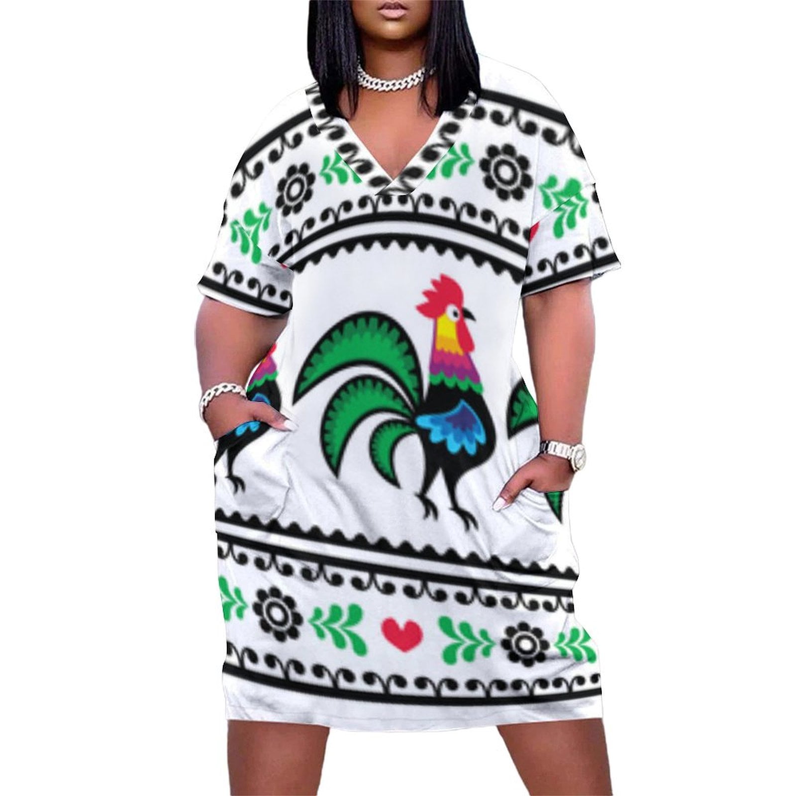 Colorful Roosters Folk Art Design Women's Loose Short Sleeve Dress ...