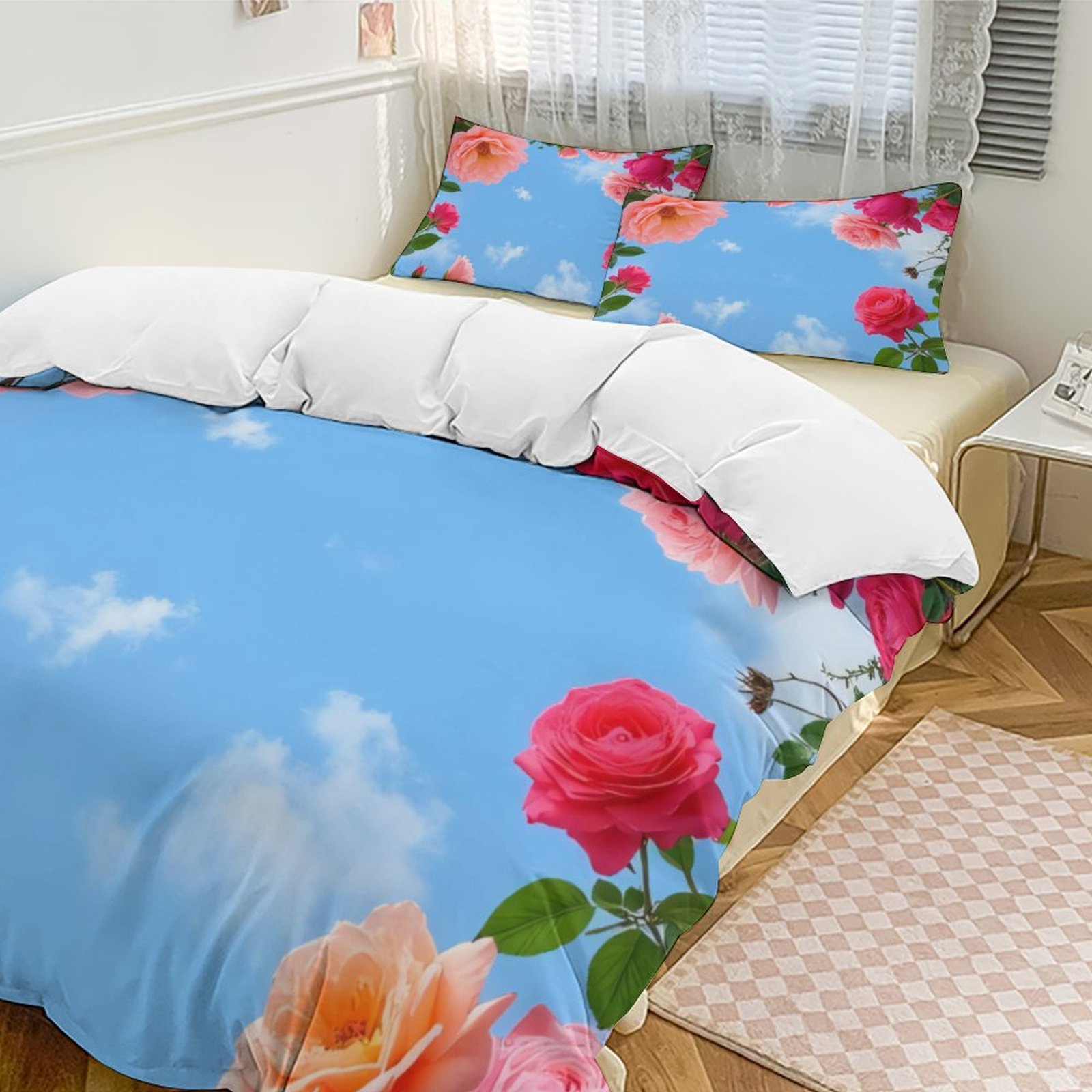 Colorful Rose Border on Sky Background Duvet Cover Set Bedding Set ...