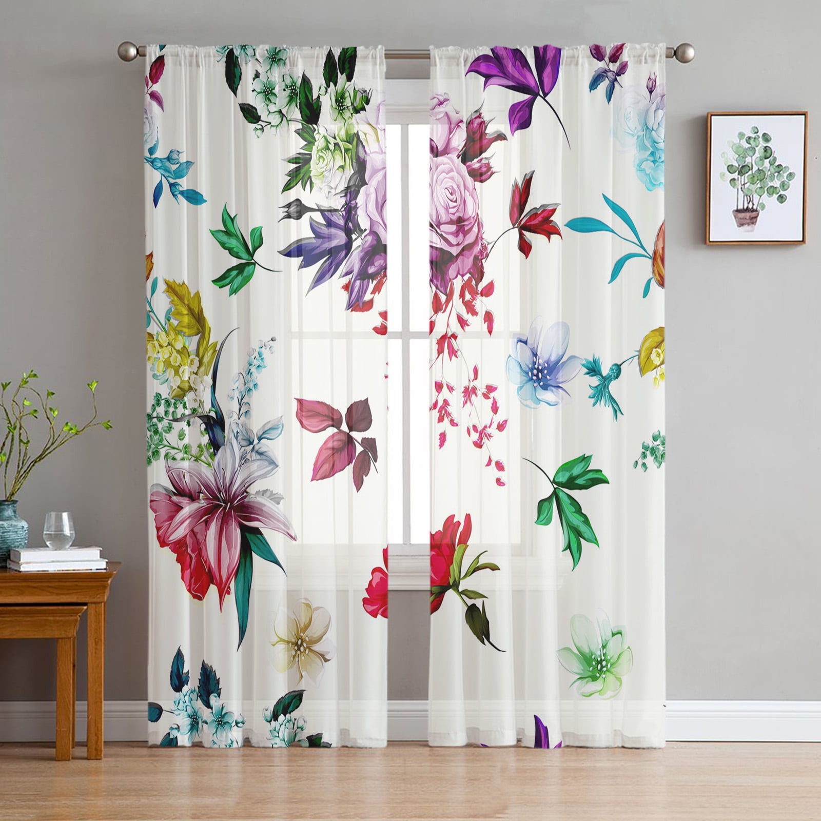 Colorful Rose Flower Printed Curtains Drape Sheer Tulle Home ration Living Room Bedroom Cortinas ...