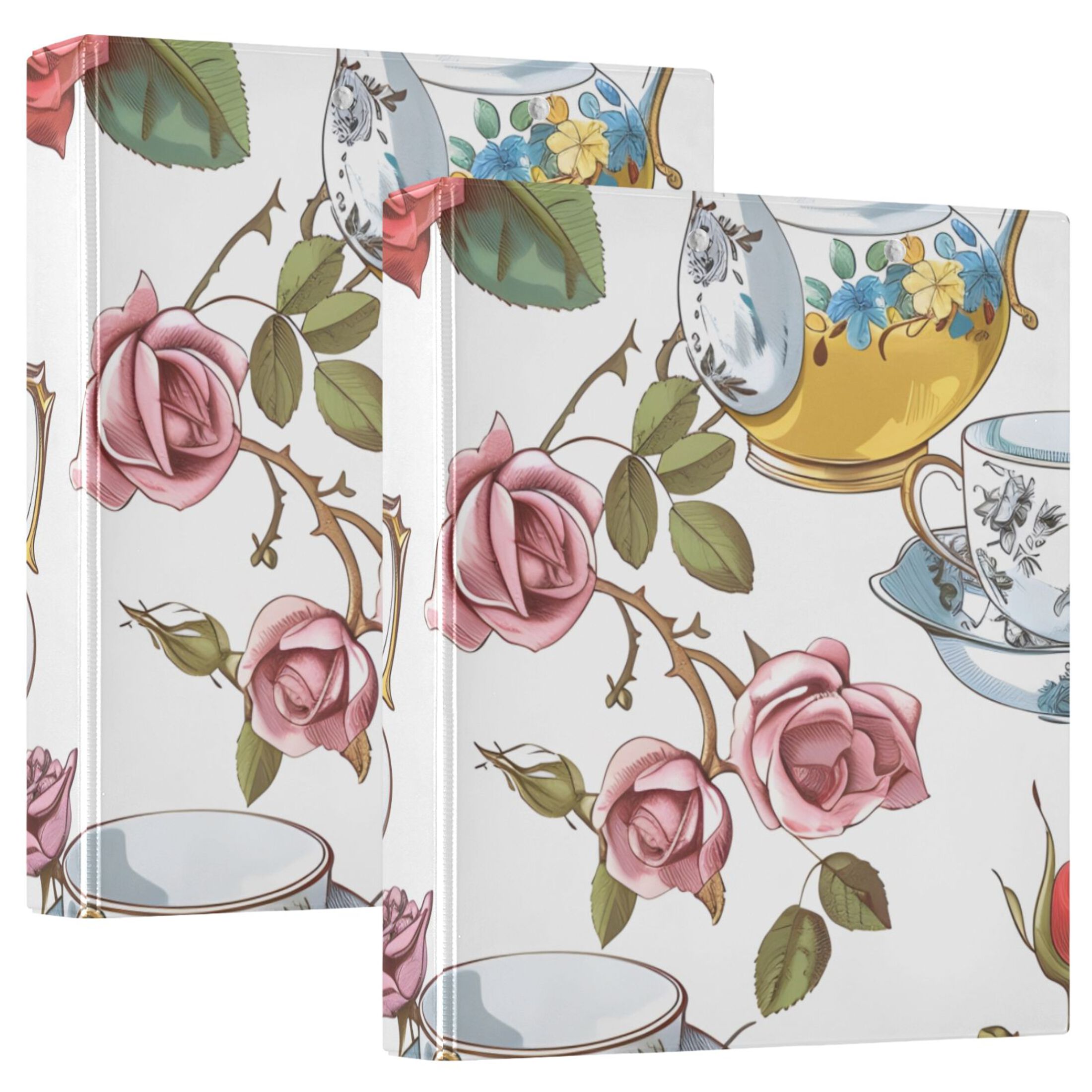 Colorful Rose Flower with Teapot 3 Ring Hardcover Binders 1.5" Round ...