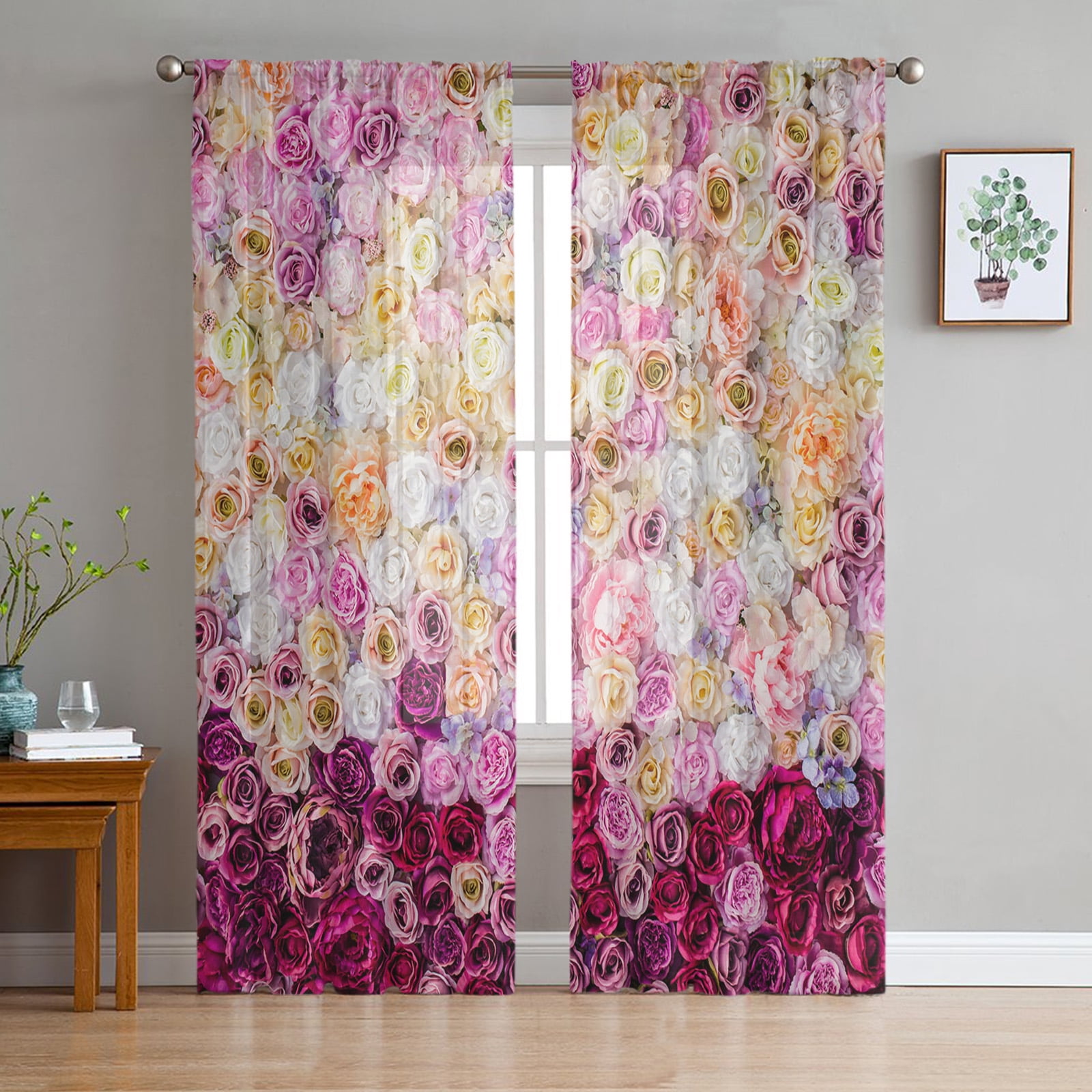Colorful Rose Flower Tulle Sheer Window Curtains for Living Room ...