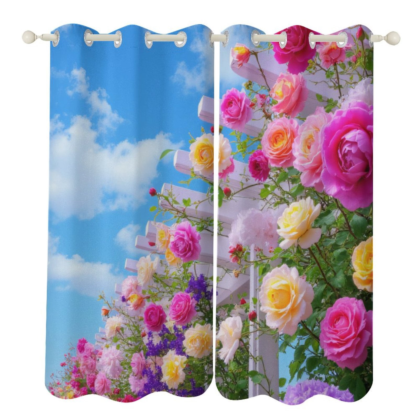 Colorful Roses on White Trellis Luxury Window Curtains Blinds for ...