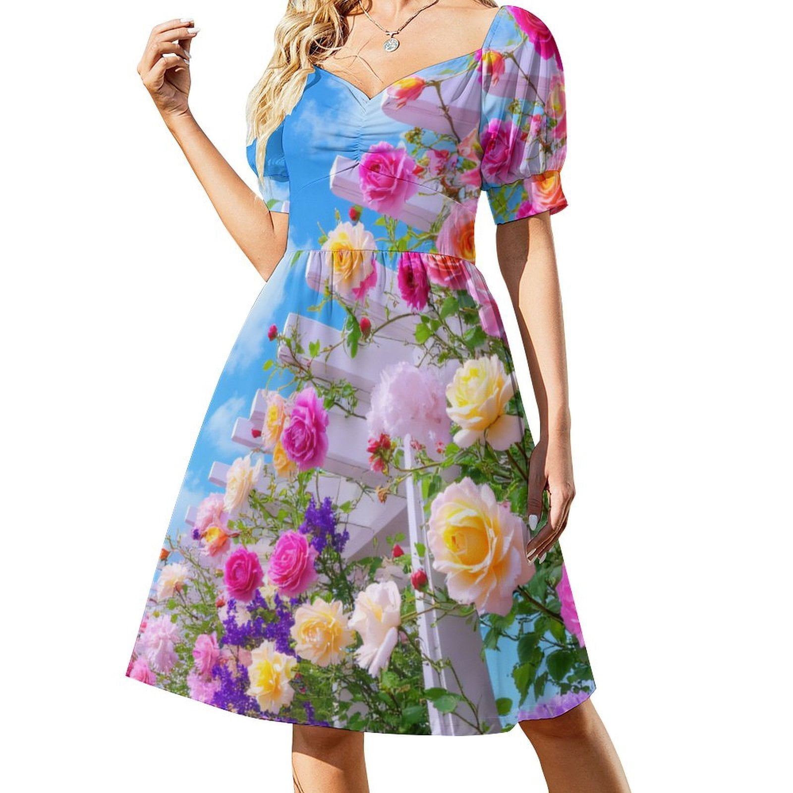 Colorful Roses on White Trellis Summer Women's Dress 2025 Elegant ...