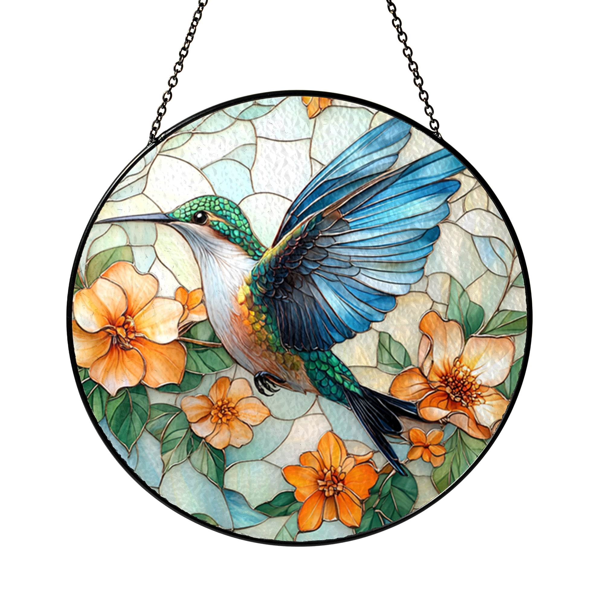 Colorful Round Hummingbird Stained Glass Suncatcher Window Hanging Art ...