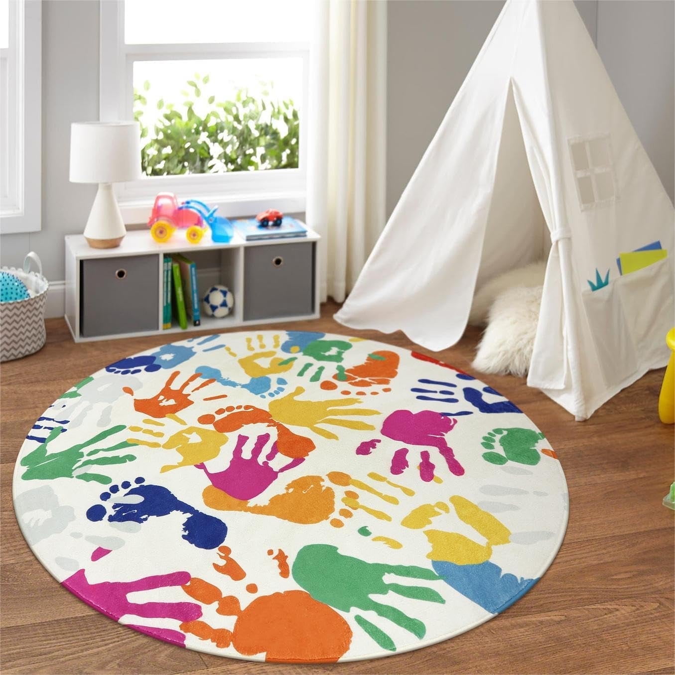 Colorful Round Rug for Kids Bedroom, 4'x4' Handprints and Footprints ...