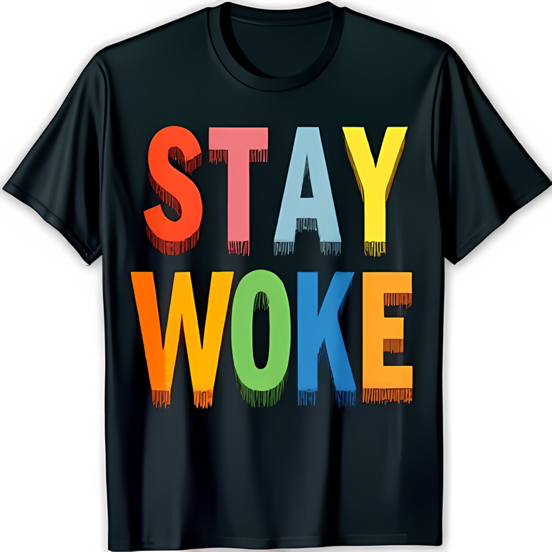 Colorful 'STAY WOKE' Graphic Black T-Shirt Vibrant Design with White ...
