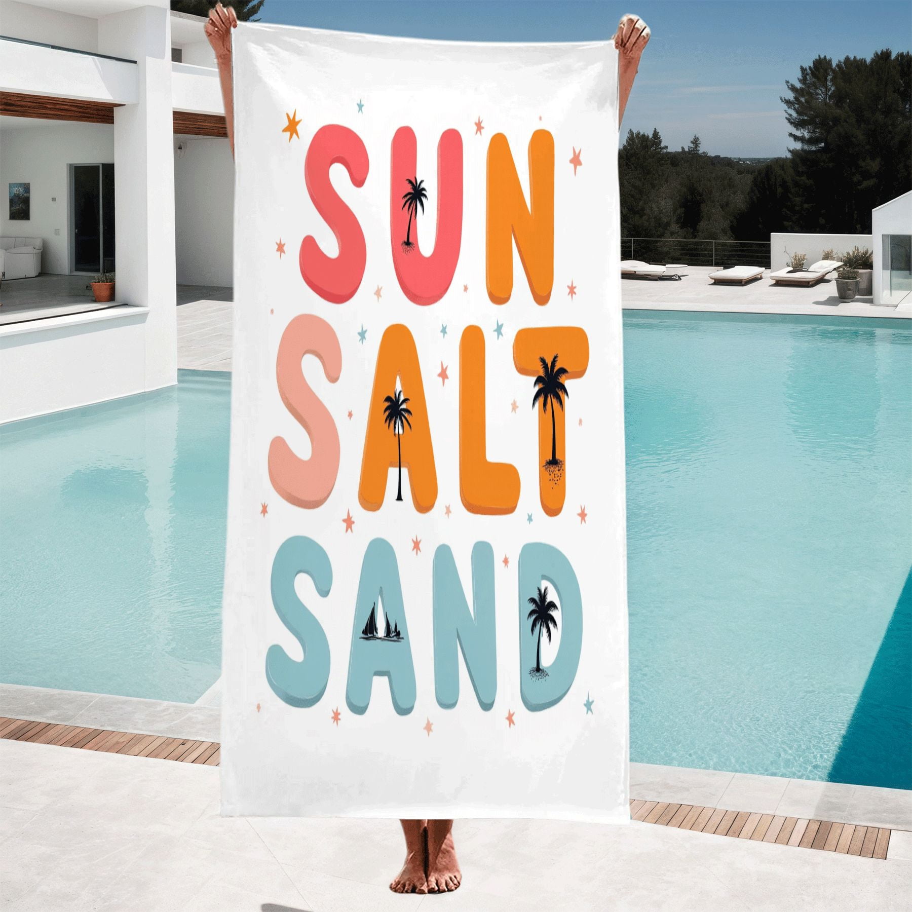 Colorful " SUN SALT SAND " Beach Towel with playful font palm tree ...