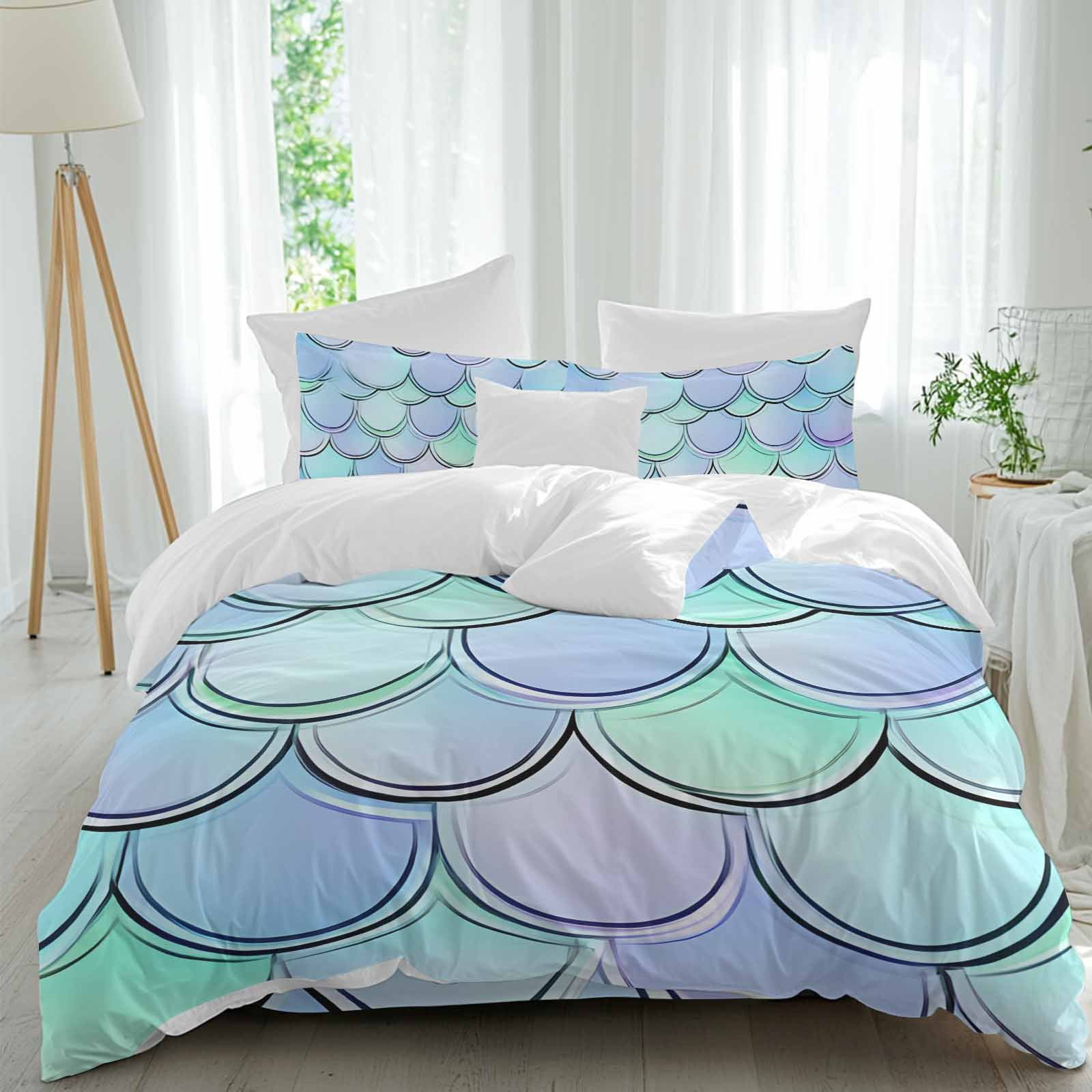 Colorful Scales Queen Duvet Cover Set, Blue Teal Green Fish Scales ...