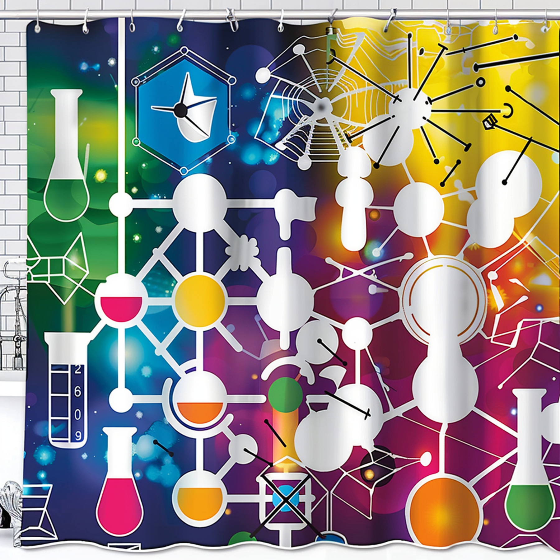 Colorful ScienceThemed Shower Curtain with Chemical Structures and Test ...