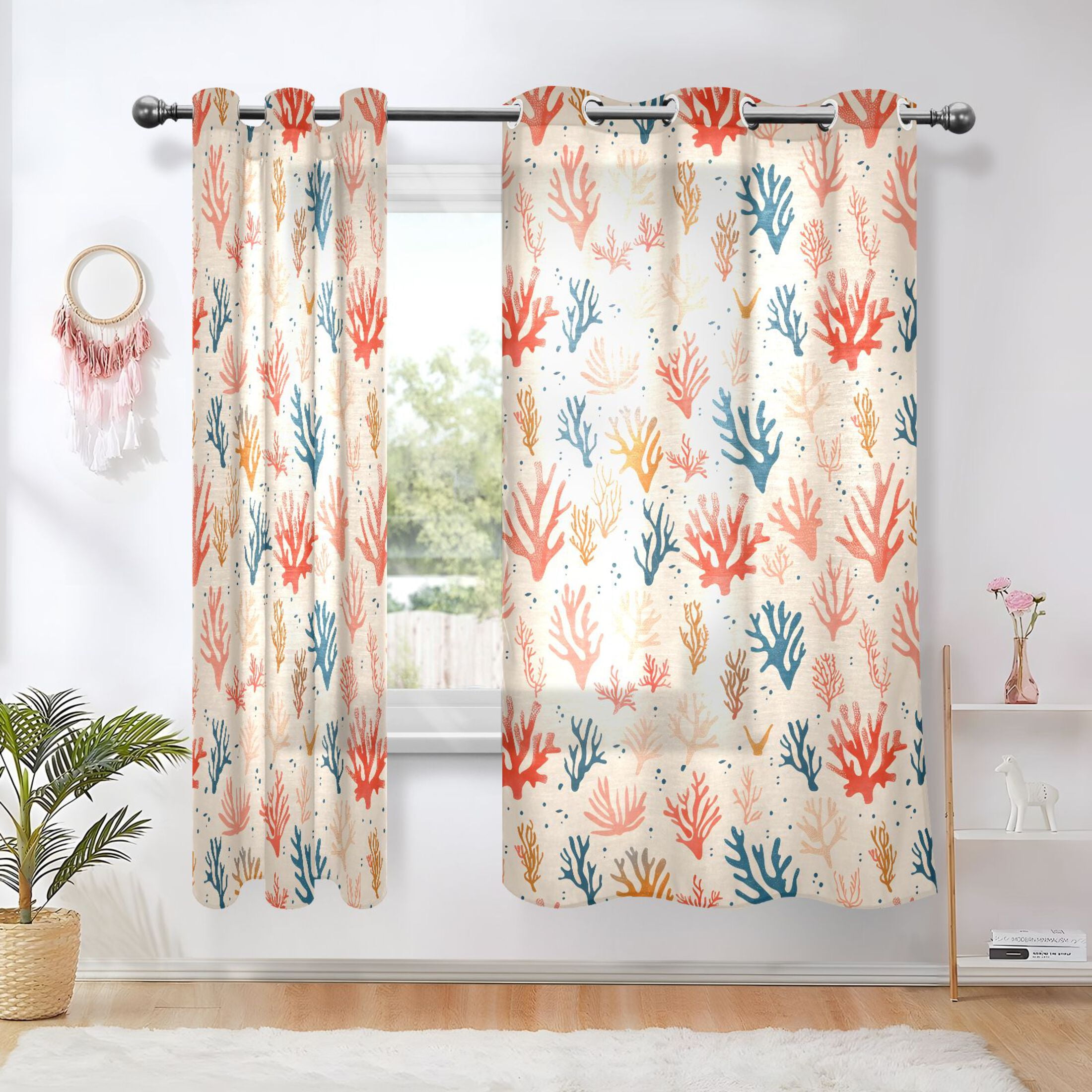Colorful Sea Corals Sheer Curtains 2 Panels Set Grommet Drapes for ...