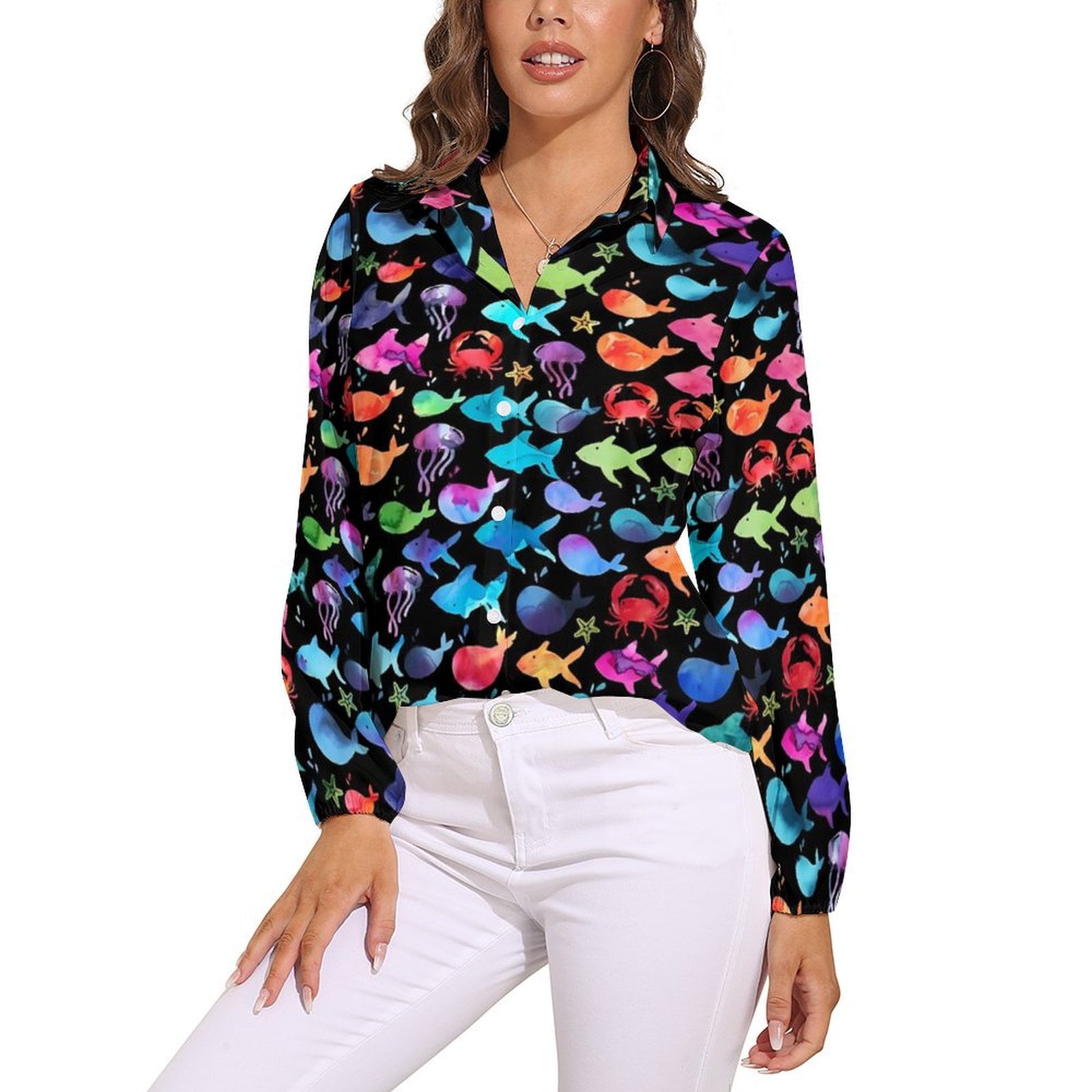 Colorful Sea Fish Blouse Long Sleeve Aquatic Animals Aesthetic Blouses ...