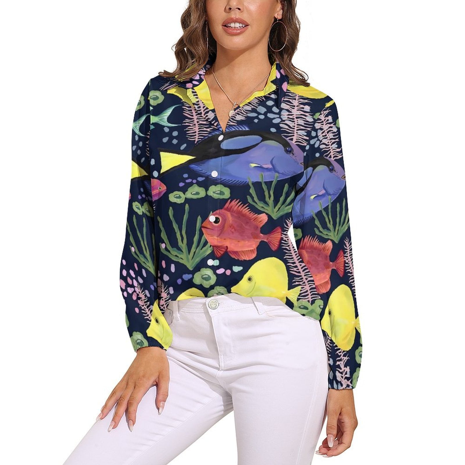 Colorful Sea Fish Blouse Long Sleeve Aquatic Animals Aesthetic Blouses ...