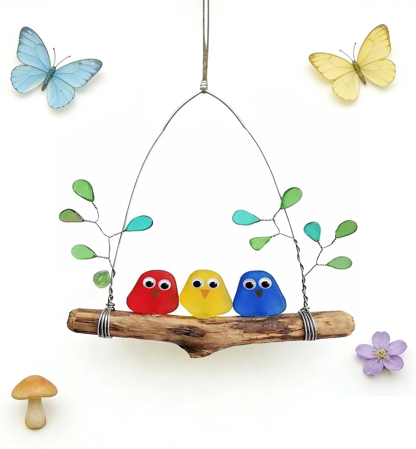 Colorful Sea Glass Bird Perch, Handmade Rainbow Birds Wall Art, Bird ...