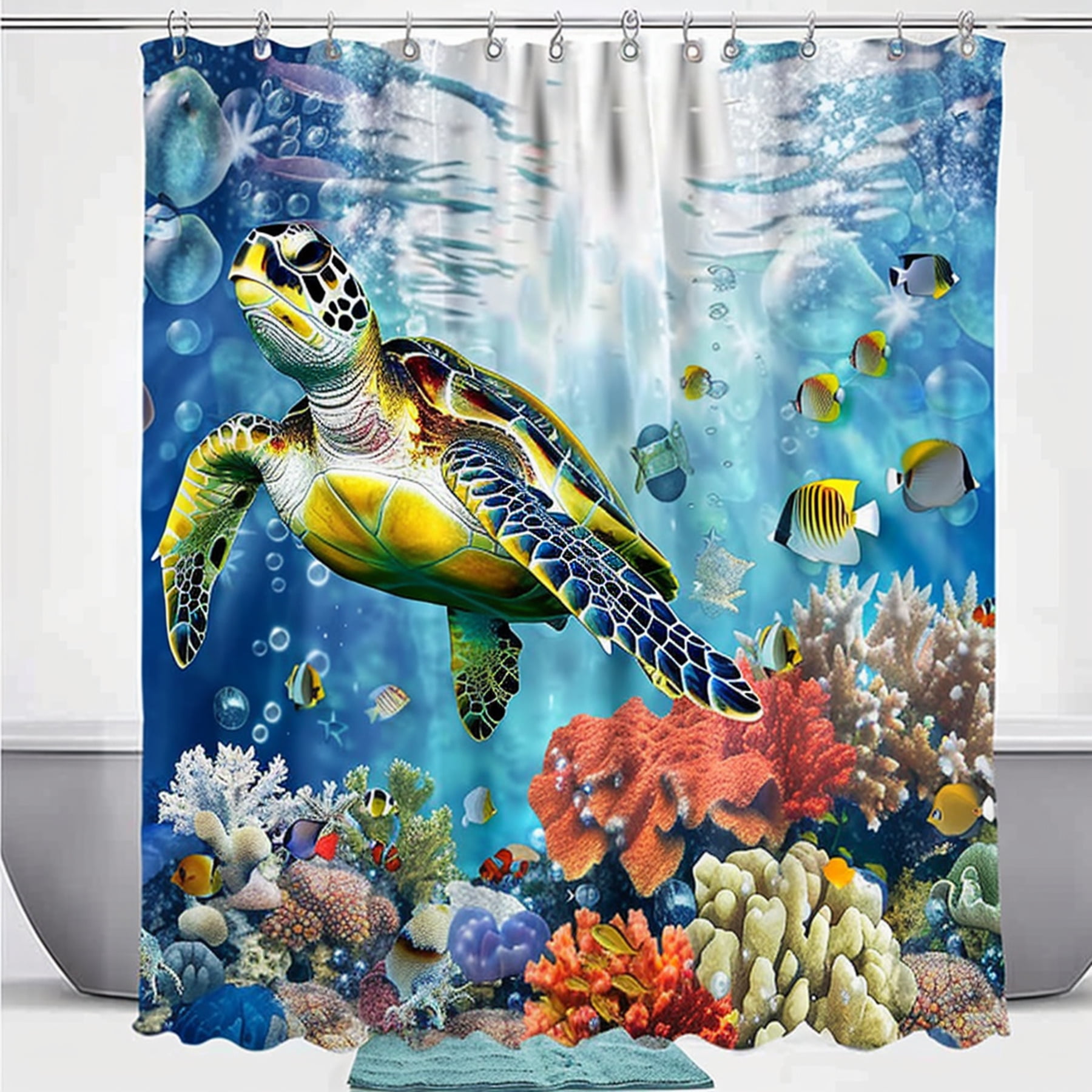 Colorful Sea Turtle Coral Reef Shower Curtain Set Hyper Realistic