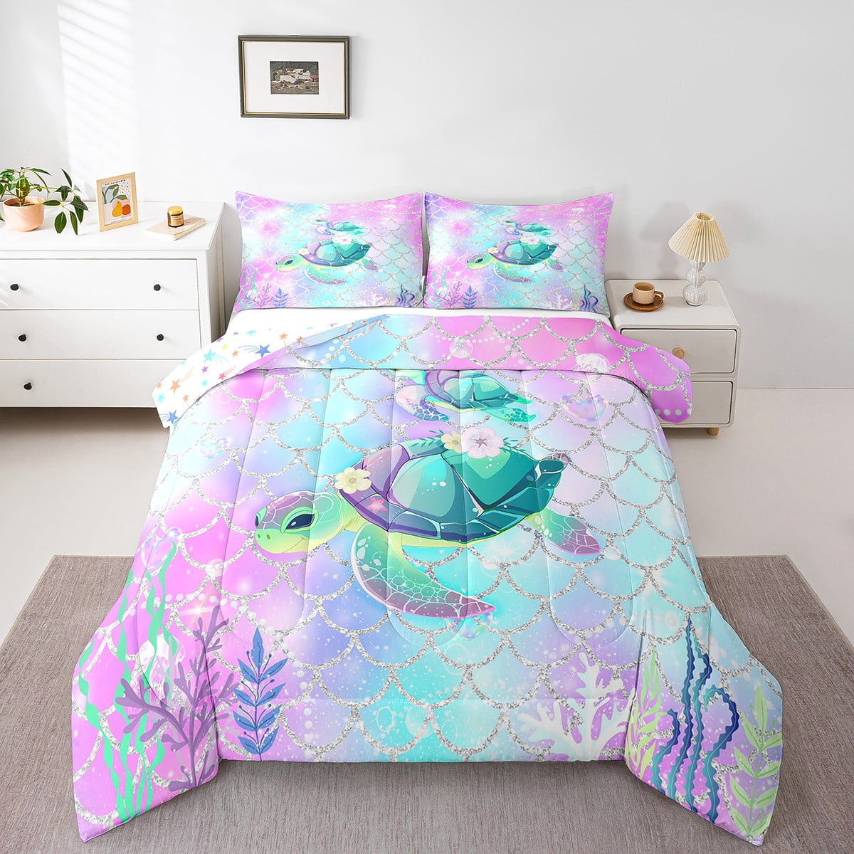 Colorful Sea Turtle King Bedding Set,Pink Teal Mermaid Tail Scale ...