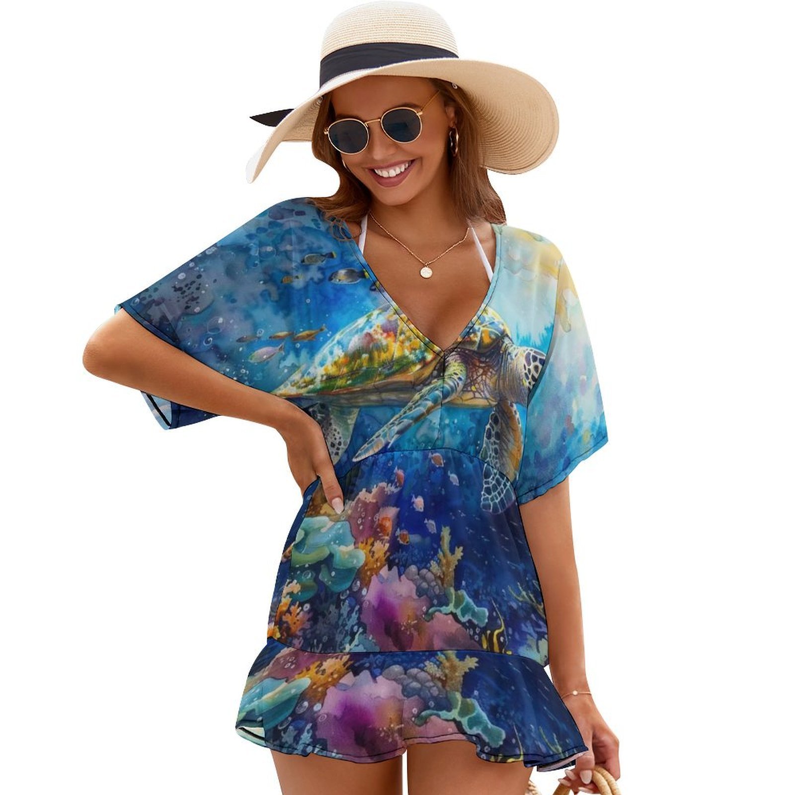 Colorful Sea Turtle Swimming Among Vibrant Coral Reef Beach Cover Ups ...