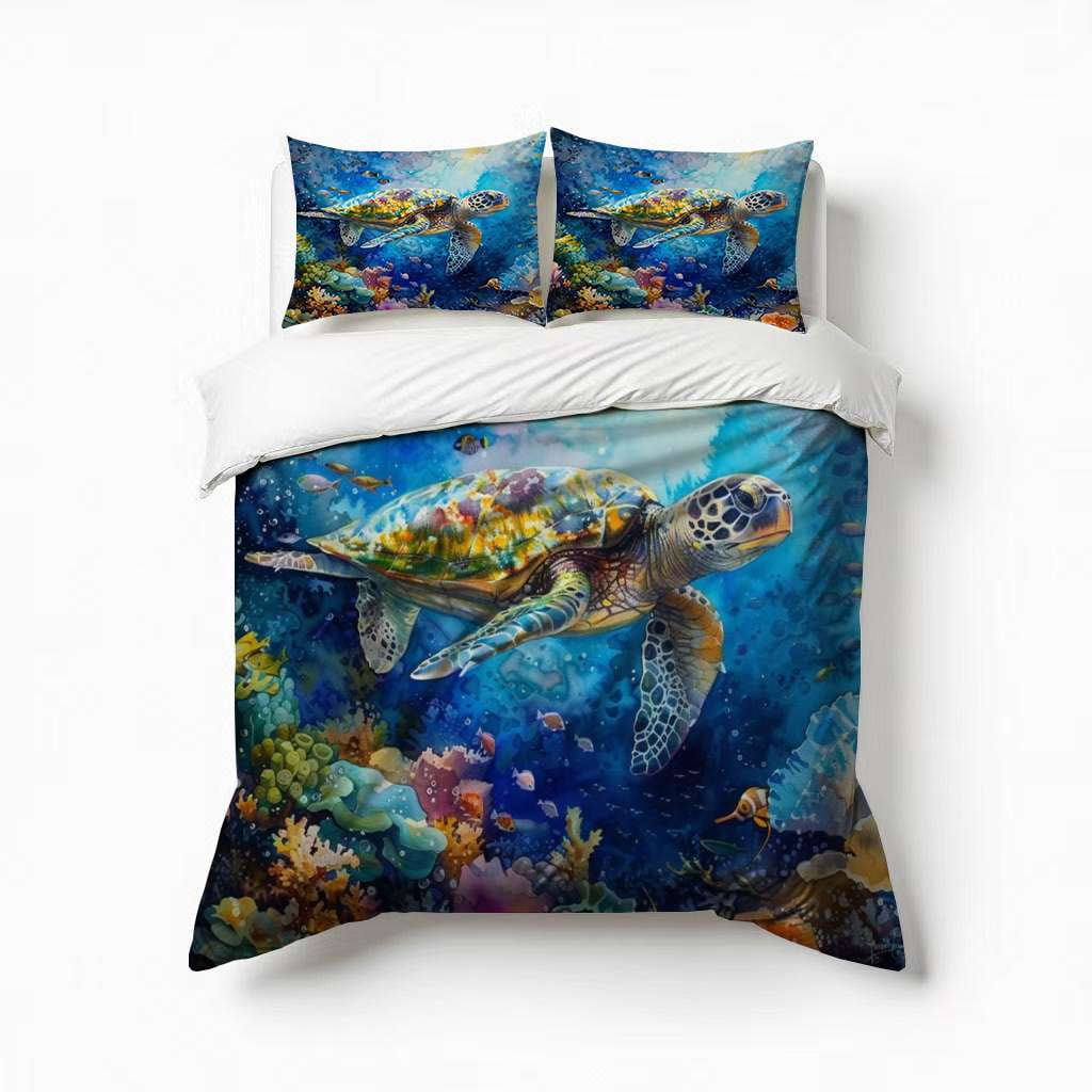 Colorful Sea Turtle Swimming Among Vibrant Coral Reef Bedding Set 3 Pcs ...