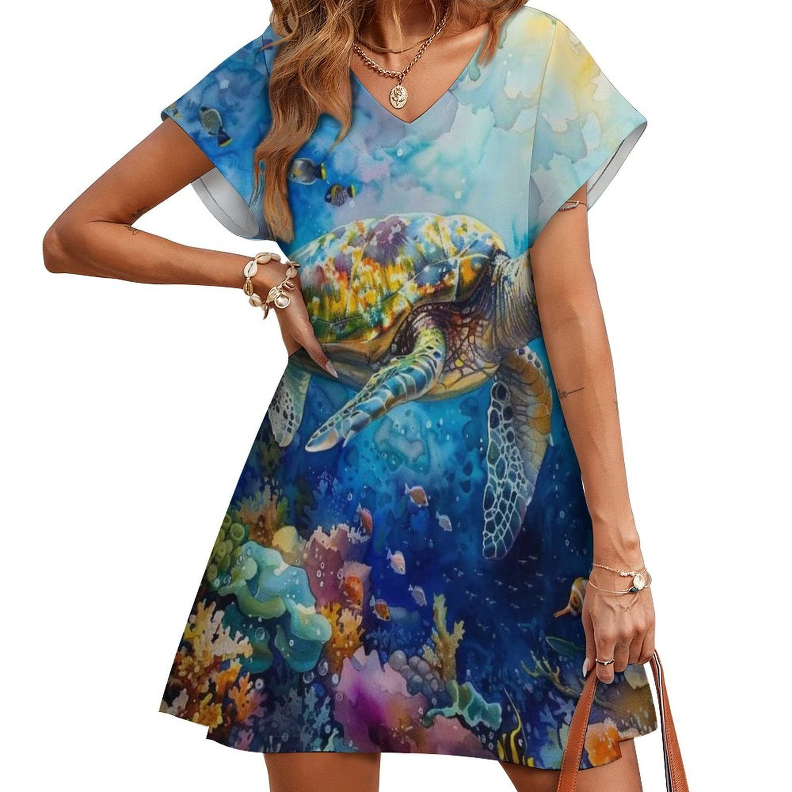Colorful Sea Turtle Swimming Among Vibrant Coral Reef Ladies Summer ...