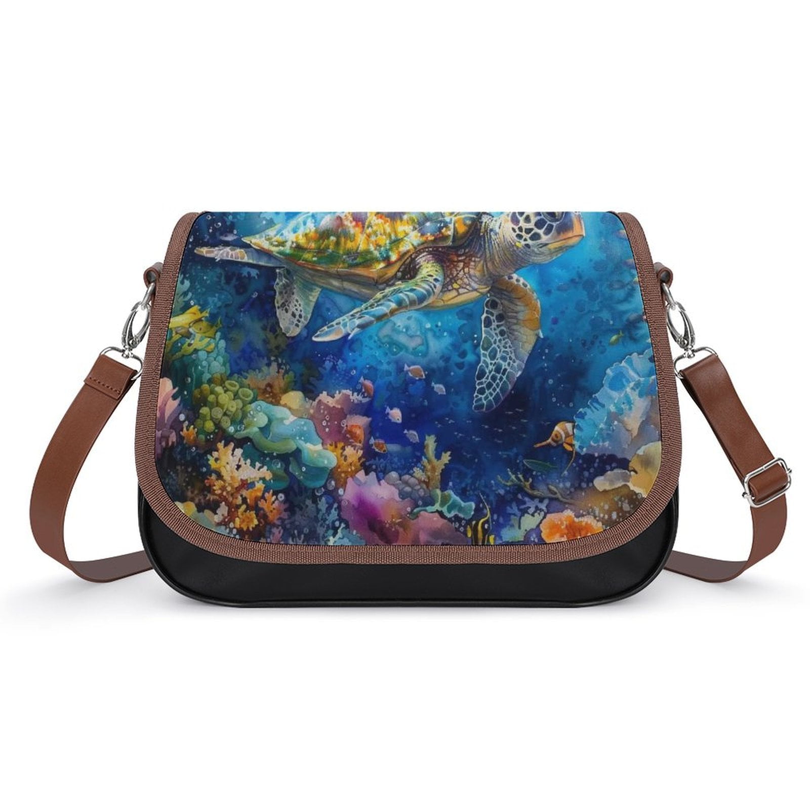 Colorful Sea Turtle Swimming Among Vibrant Coral Reef Vintage Crossbody ...