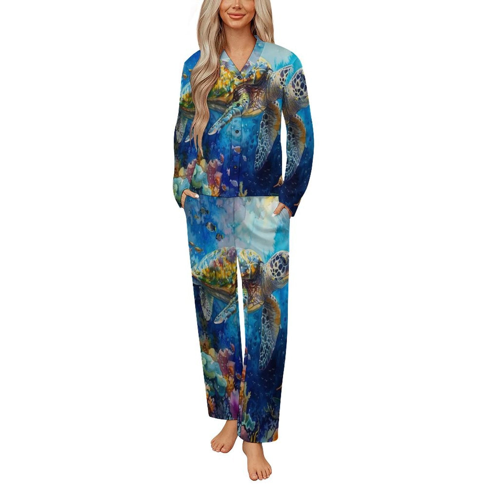 Colorful Sea Turtle Swimming Among Vibrant Coral Reef Womens Pyjamas ...